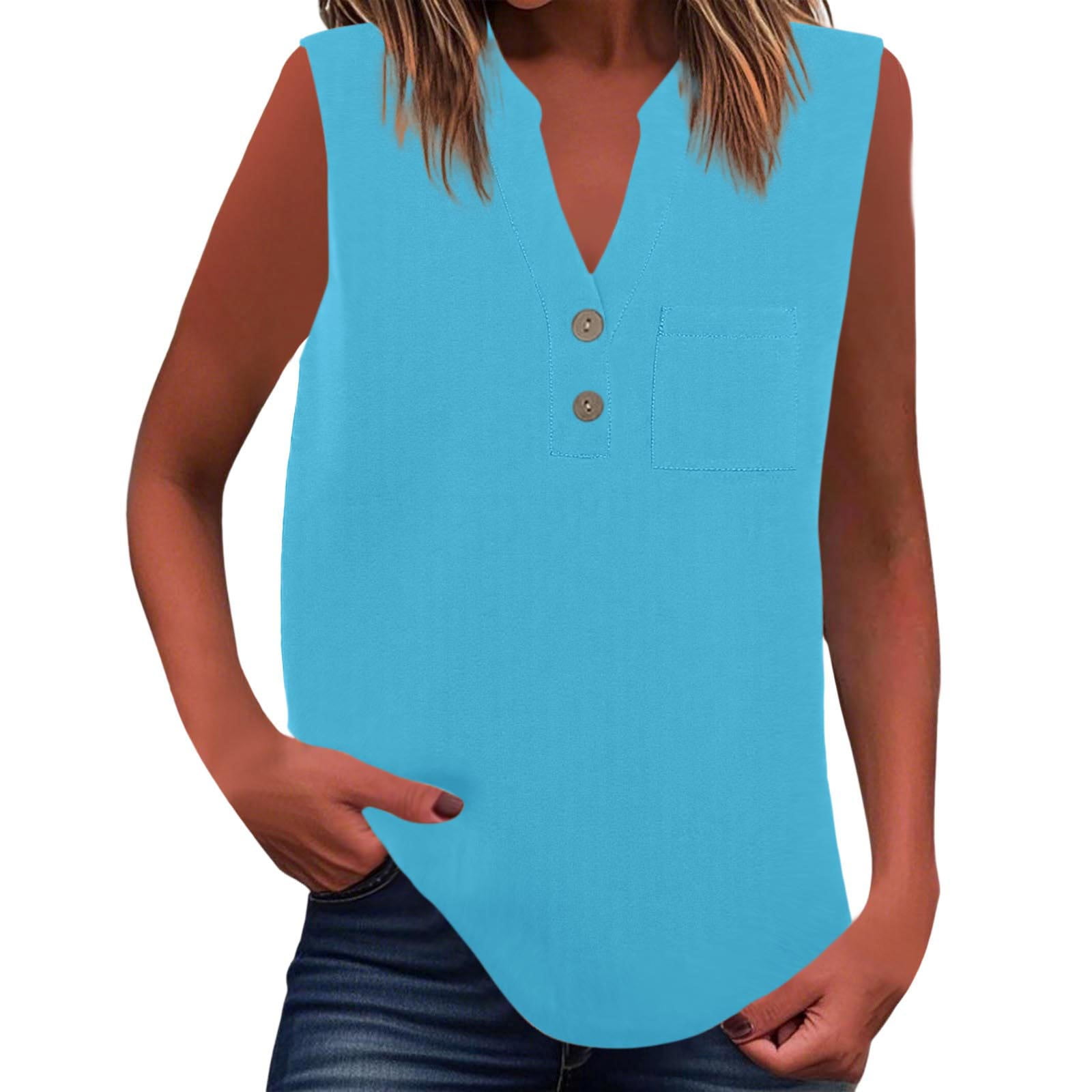 DuoJiaJ Women's Summer Tank Loose Fit Pleated V Neck Sleeveless Top ...
