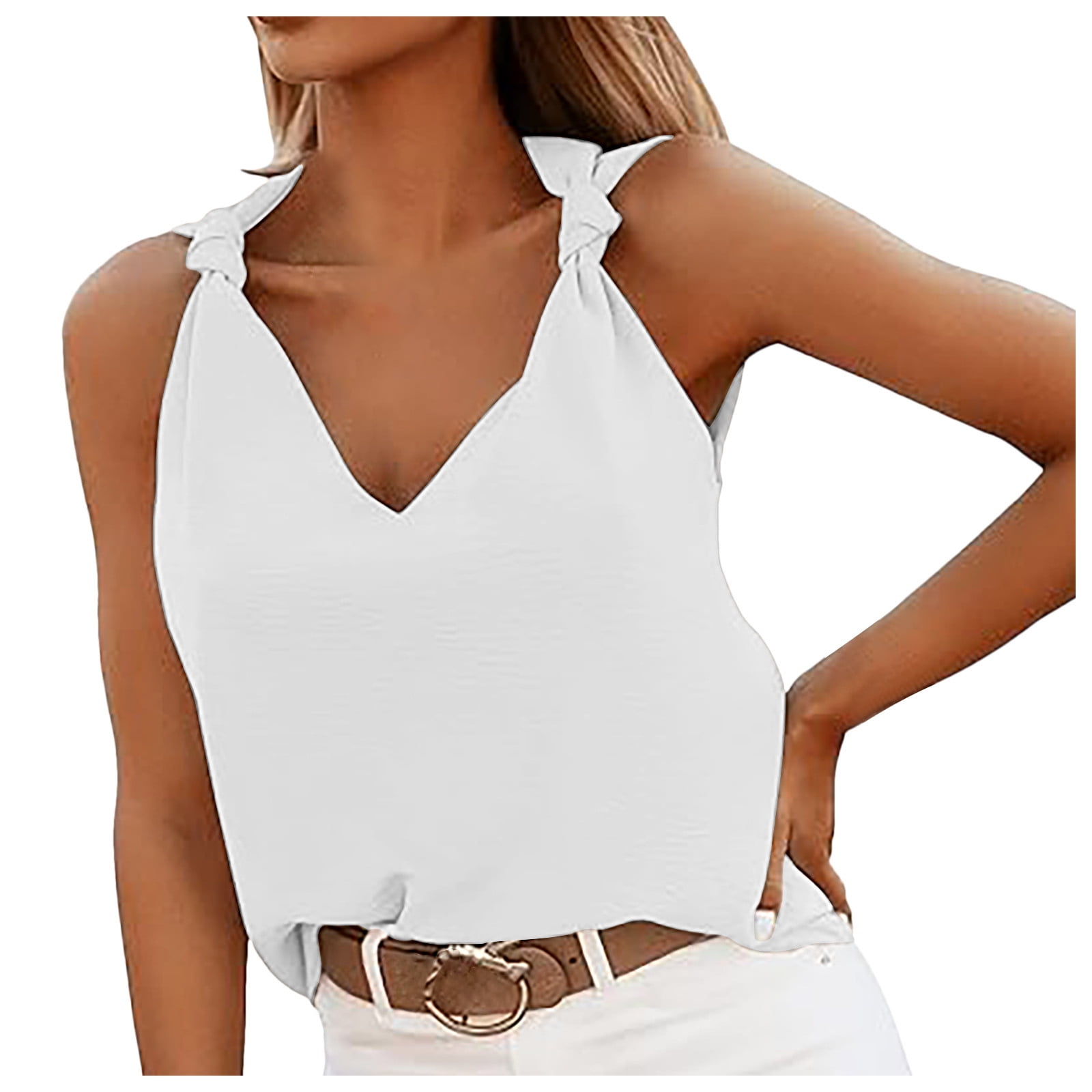 DuoJiaJ Womens Casual Fashion V Neck Knotted Detail Sleeveless Blouses ...