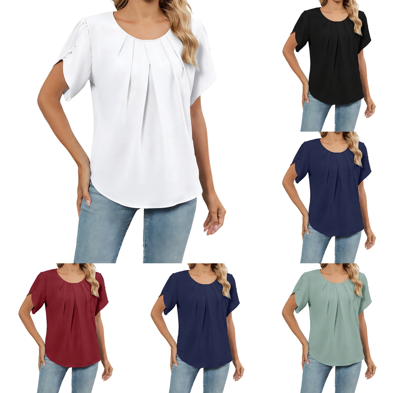 DuoJiaJ Womens Chiffon Blouse, Crew Neck Short Sleeve Pleated Loose Fit ...
