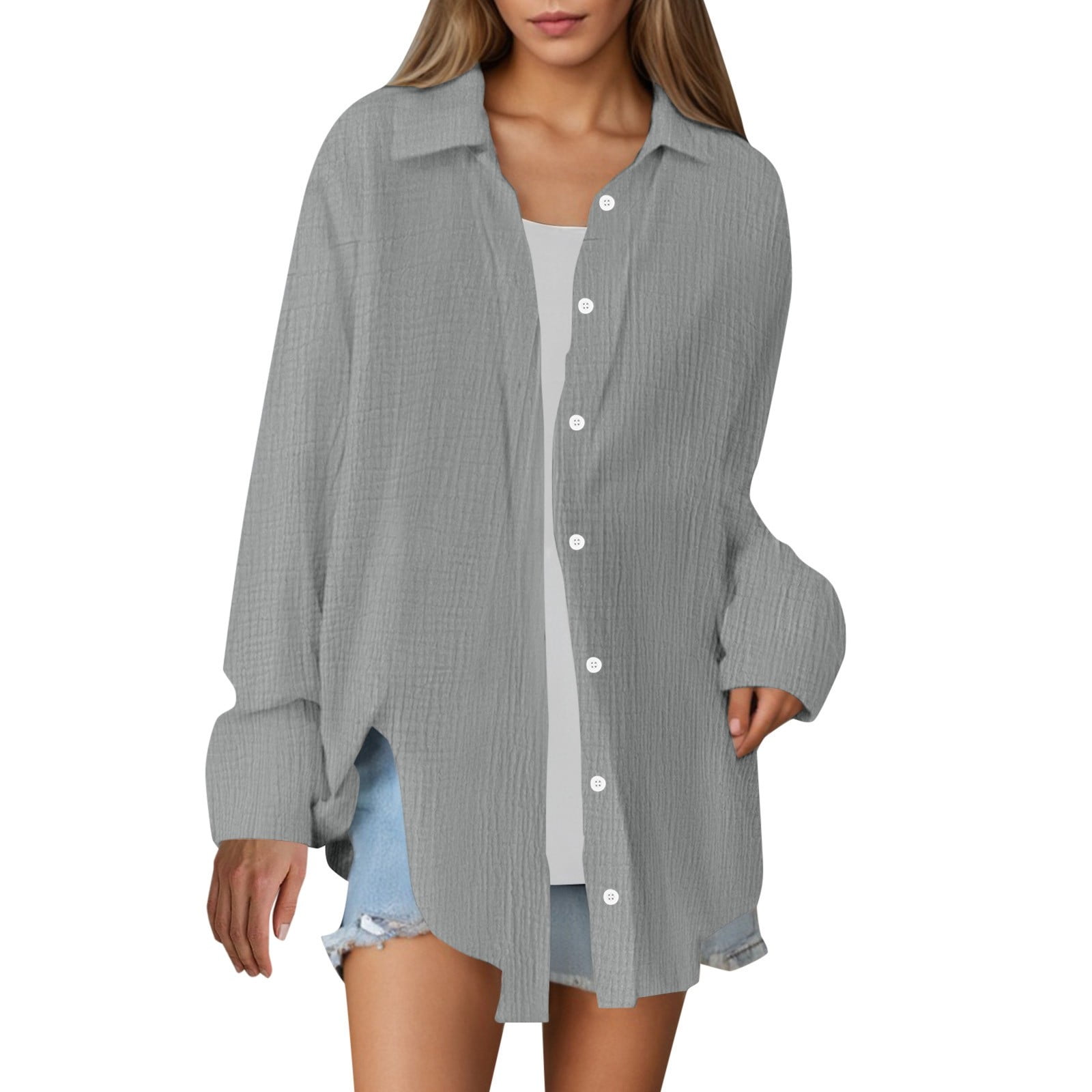 DuoJiaJ Womens Linen Button Down Shirts Casual Long Sleeve Loose Textured Collared Blouses Work ...