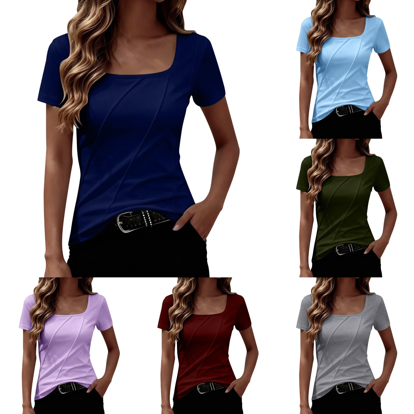 DuoJiaJ Womens Short Sleeve Blouse, Square Neck Solid Color Summer Top ...
