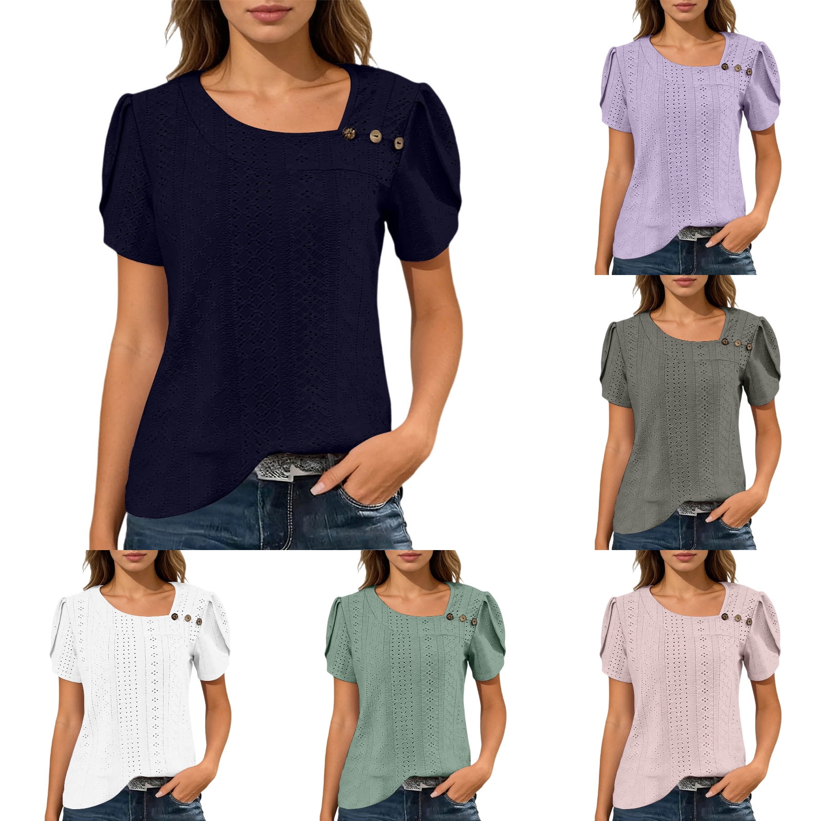 DuoJiaJ Womens Short Sleeve Blouse, V Neck Button Down Loose Fit Solid ...