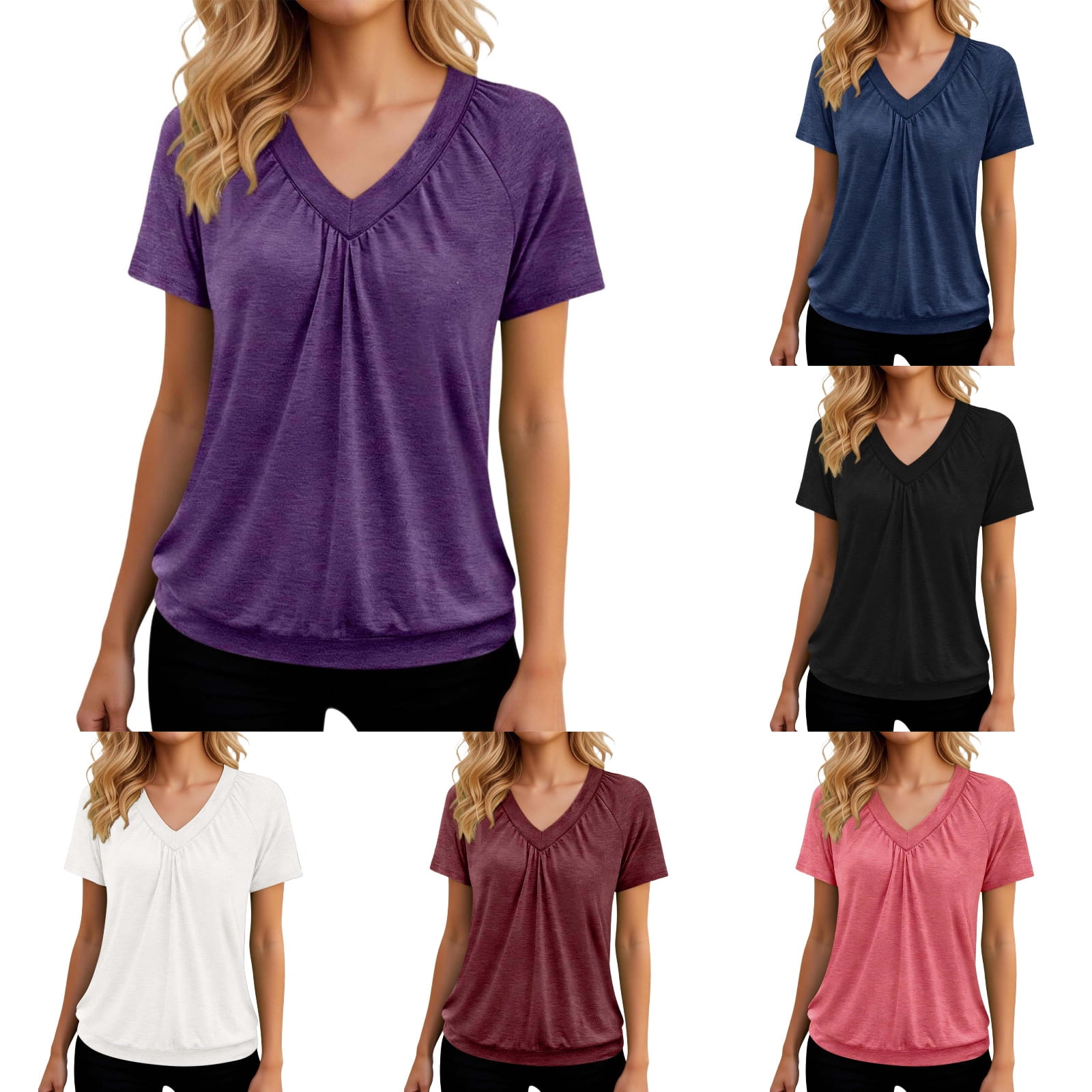 DuoJiaJ Womens Short Sleeve Pullover, V Neck Loose with Pleated Design ...