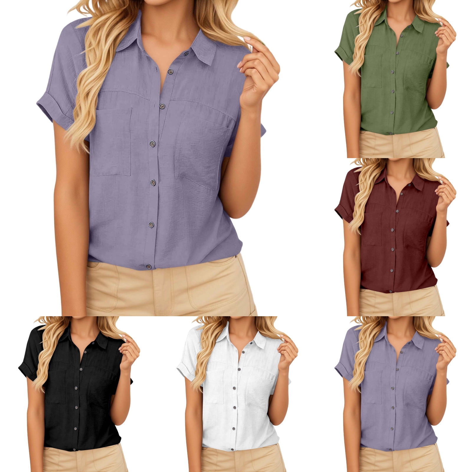 DuoJiaJ Womens Short Sleeve Top, Collared Button Down Loose Fit Casual ...