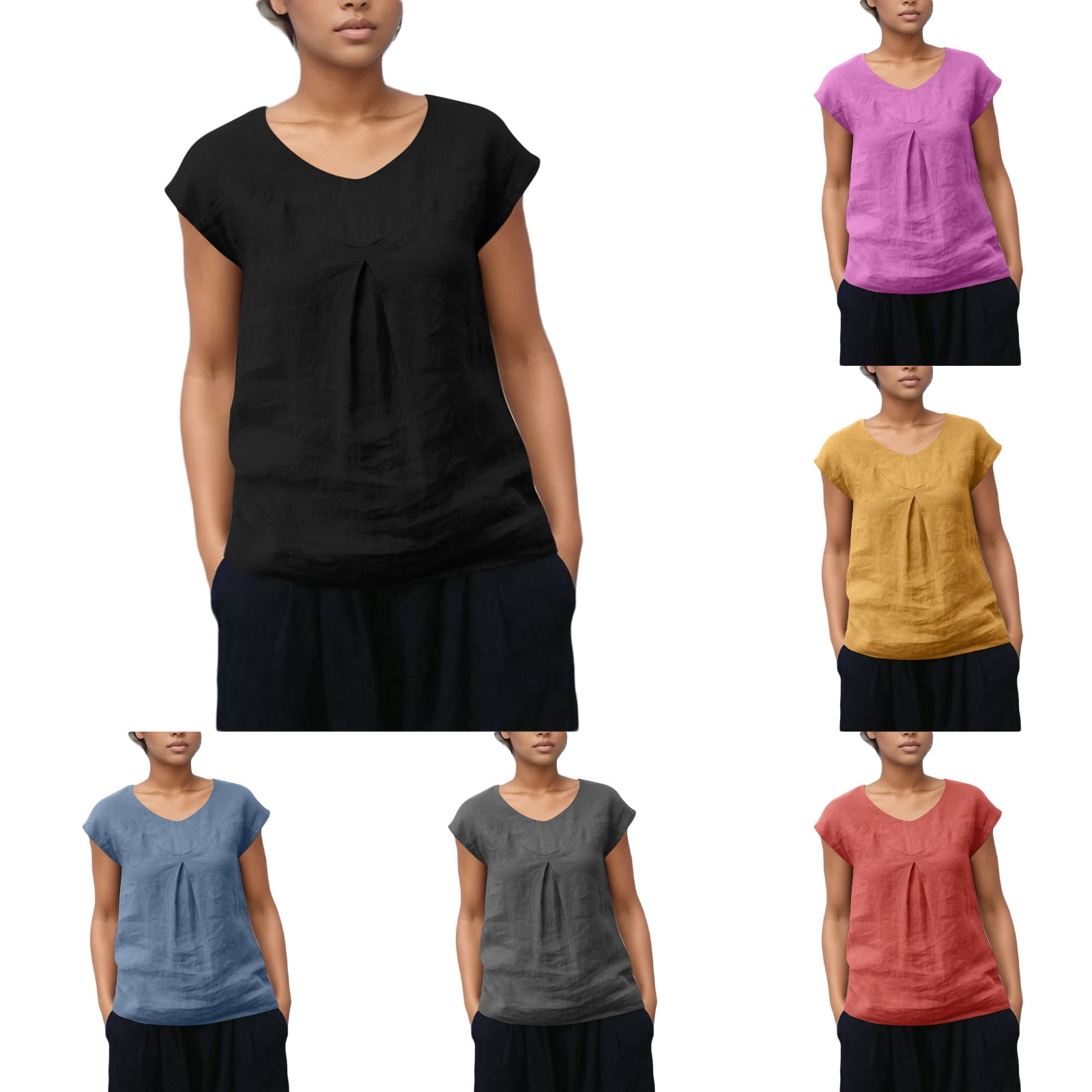 DuoJiaJ Womens Short Sleeve Top, V Neck Linen Blend Loose Fit ...