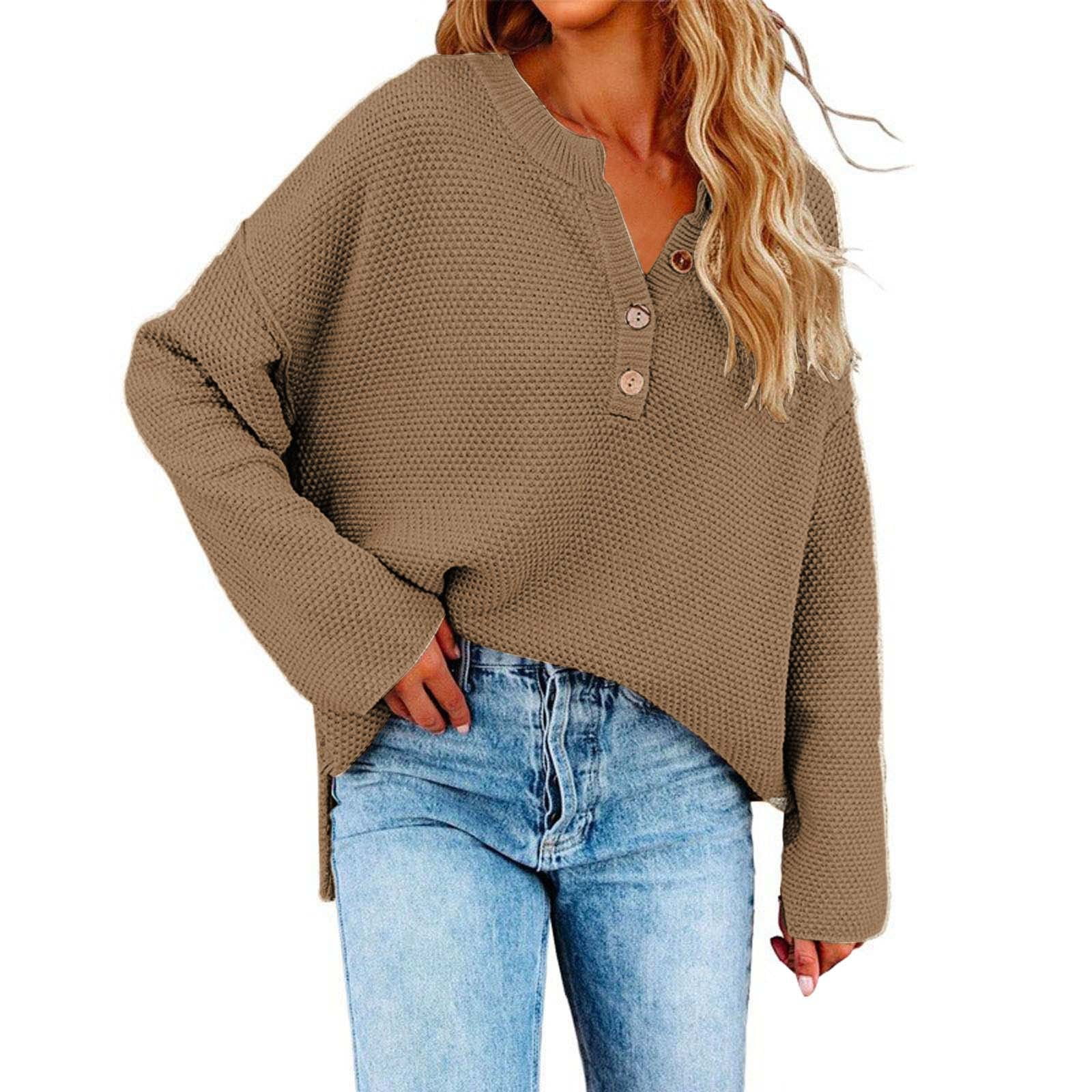 Duoif Sweaters for Women Trendy Ladies Long Sleeve V Neck Button ...