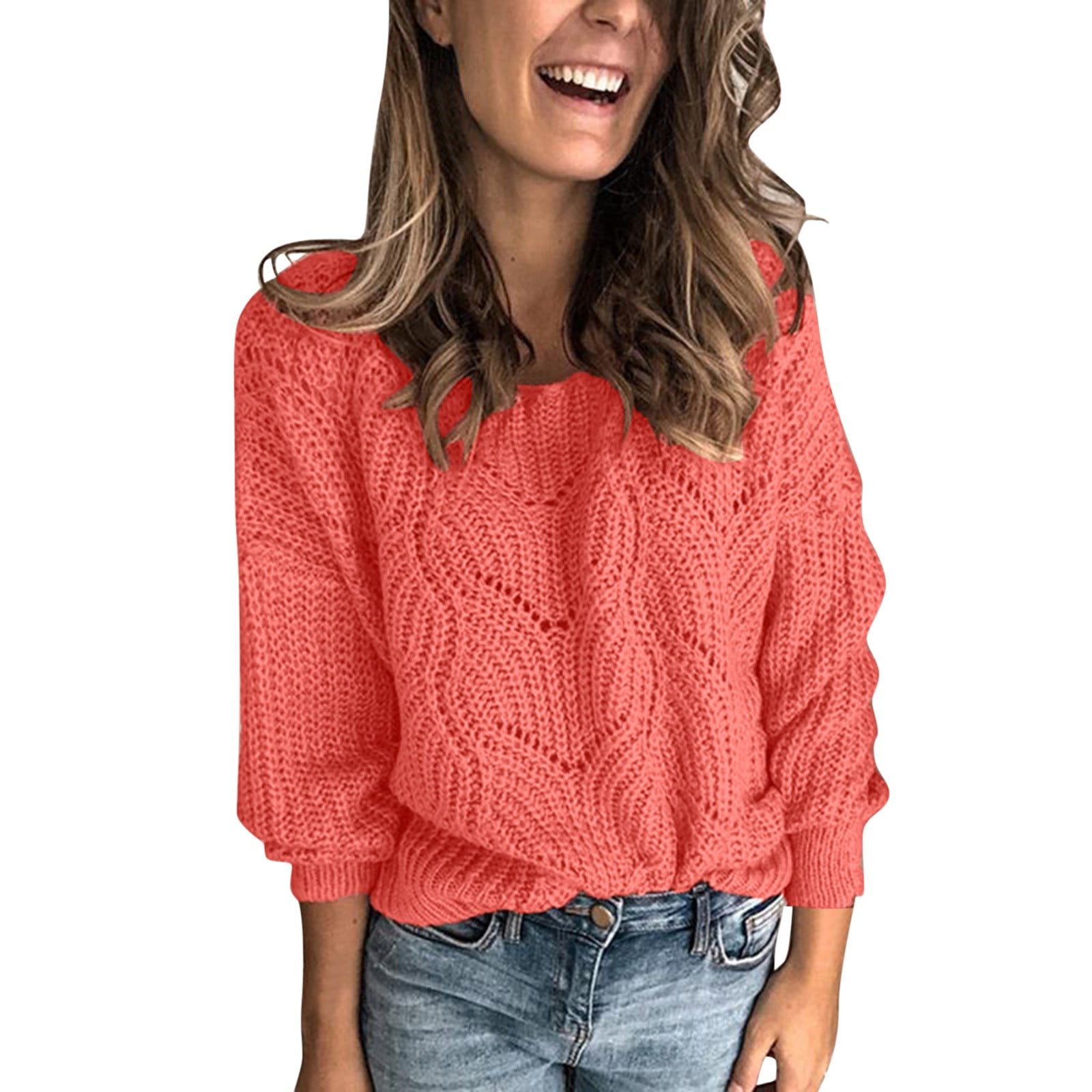 Duoif Sweaters for Women Trendy Women Round Neck Long Sleeve Knit ...