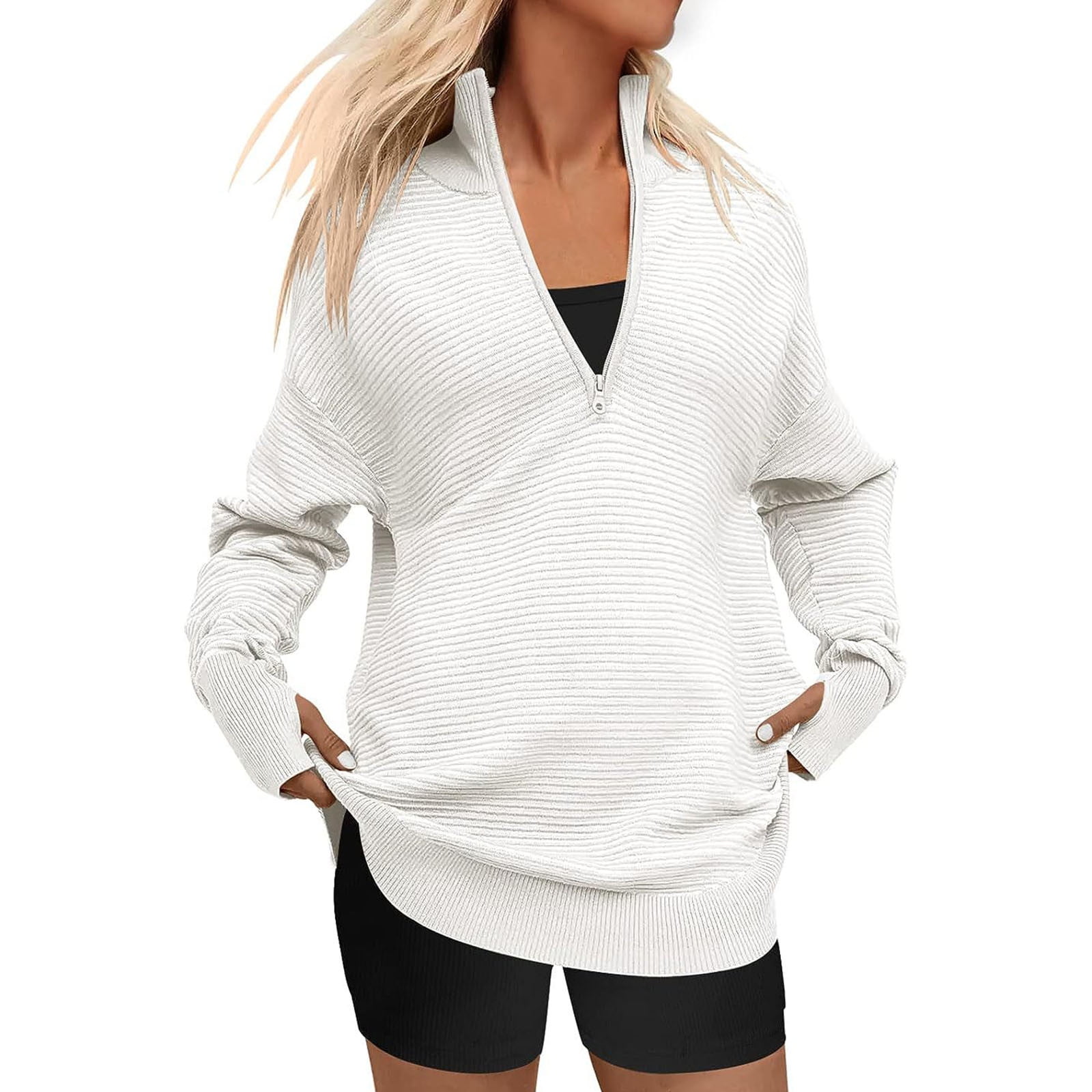 Duoif Sweaters for Women Trendy Women's Long Sleeve Half Zip V Neck ...