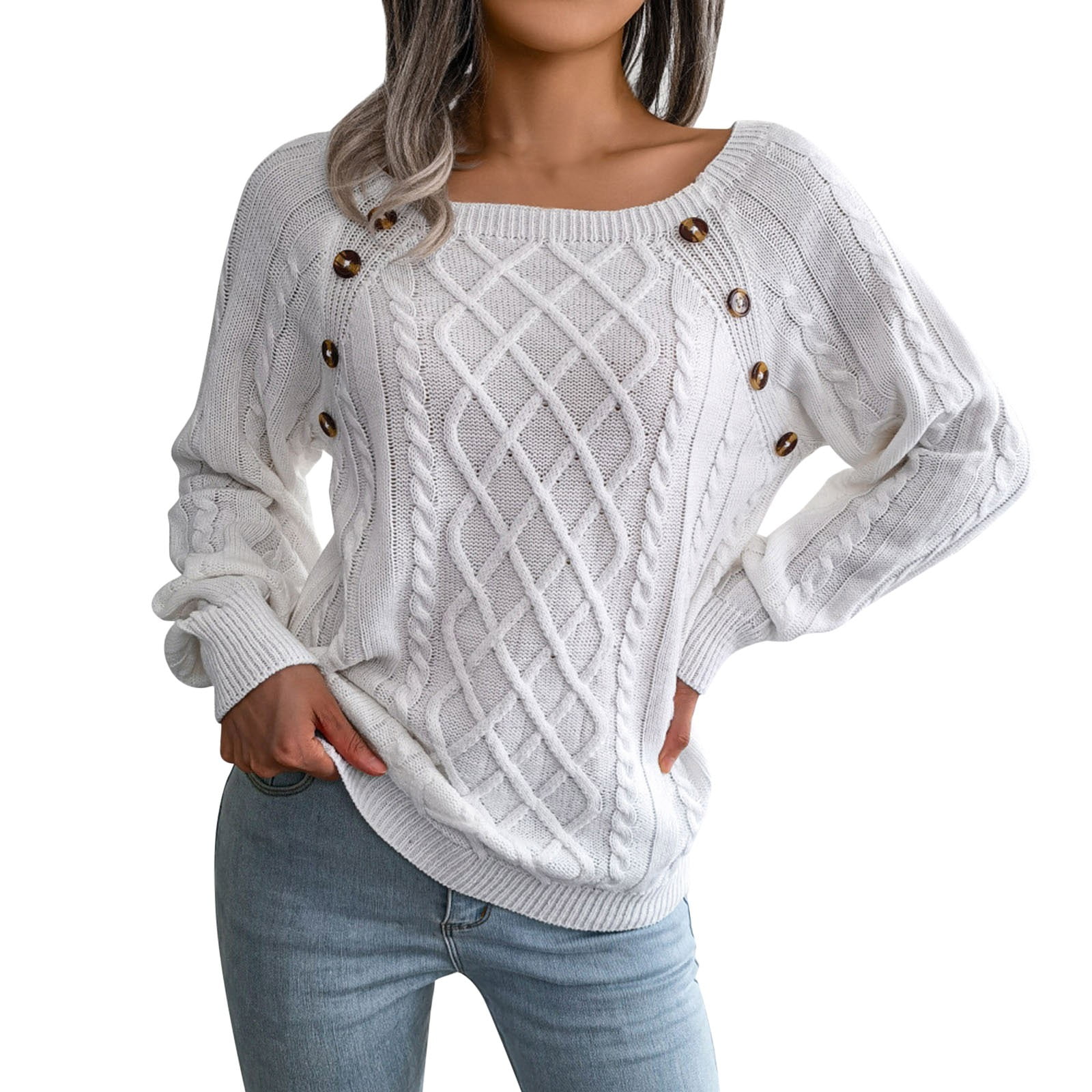 Duoif Sweaters for Women Trendy Womens Square Neck Button Cable Knit ...