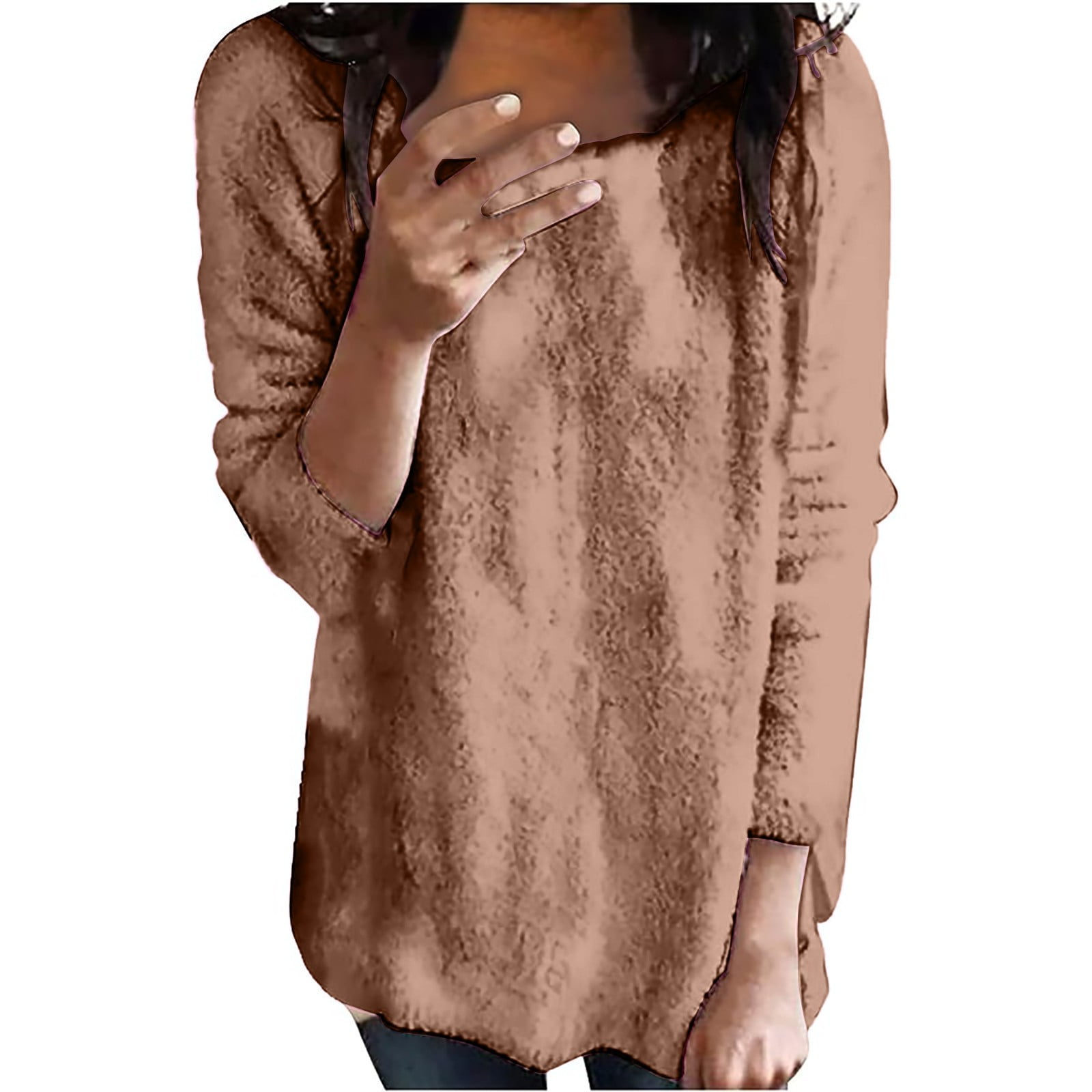 Duoif Sweaters for Women Trendy Crew Neck Plush Top Long Sleeve Thin ...