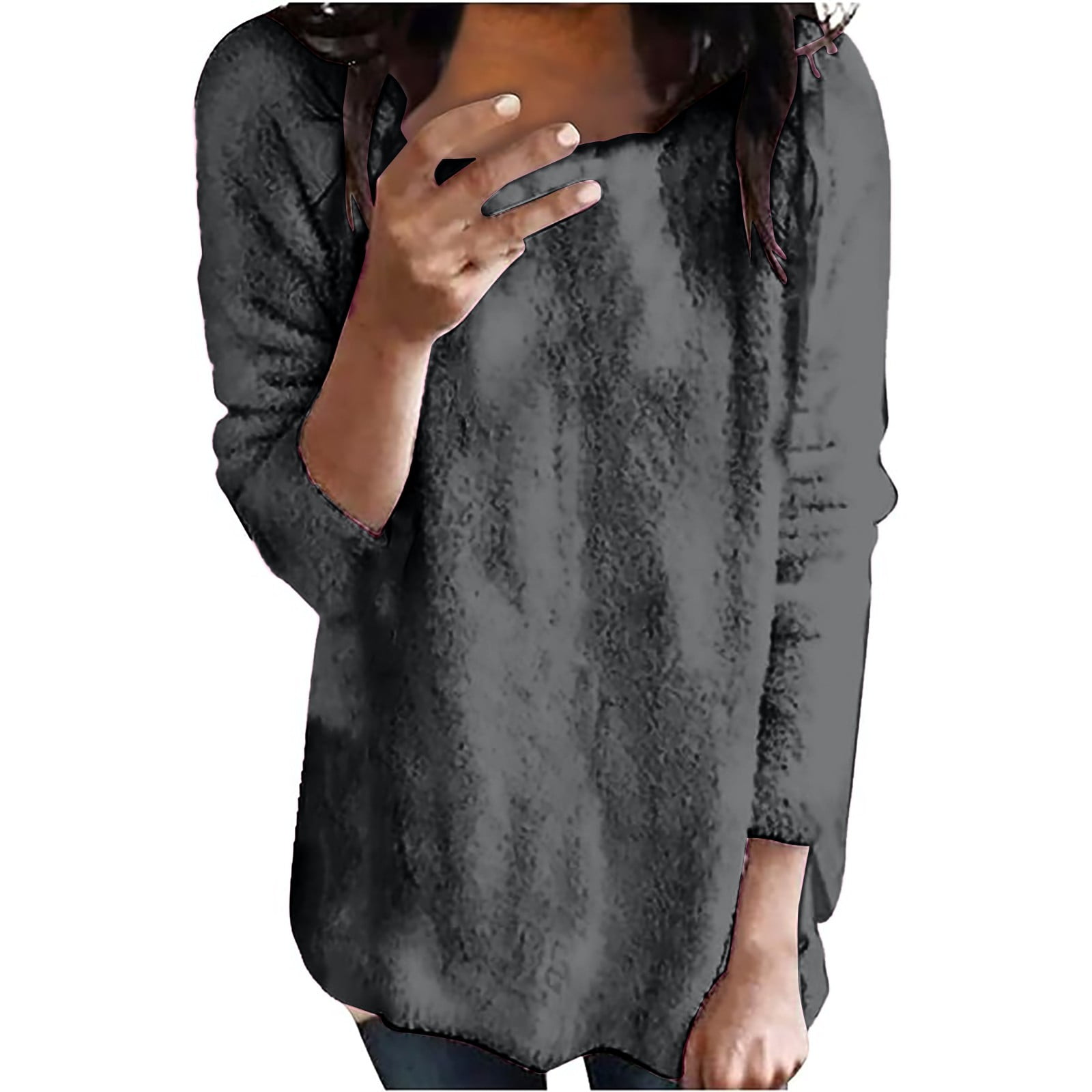 Duoif Sweaters for Women Trendy Crew Neck Plush Top Long Sleeve Thin ...