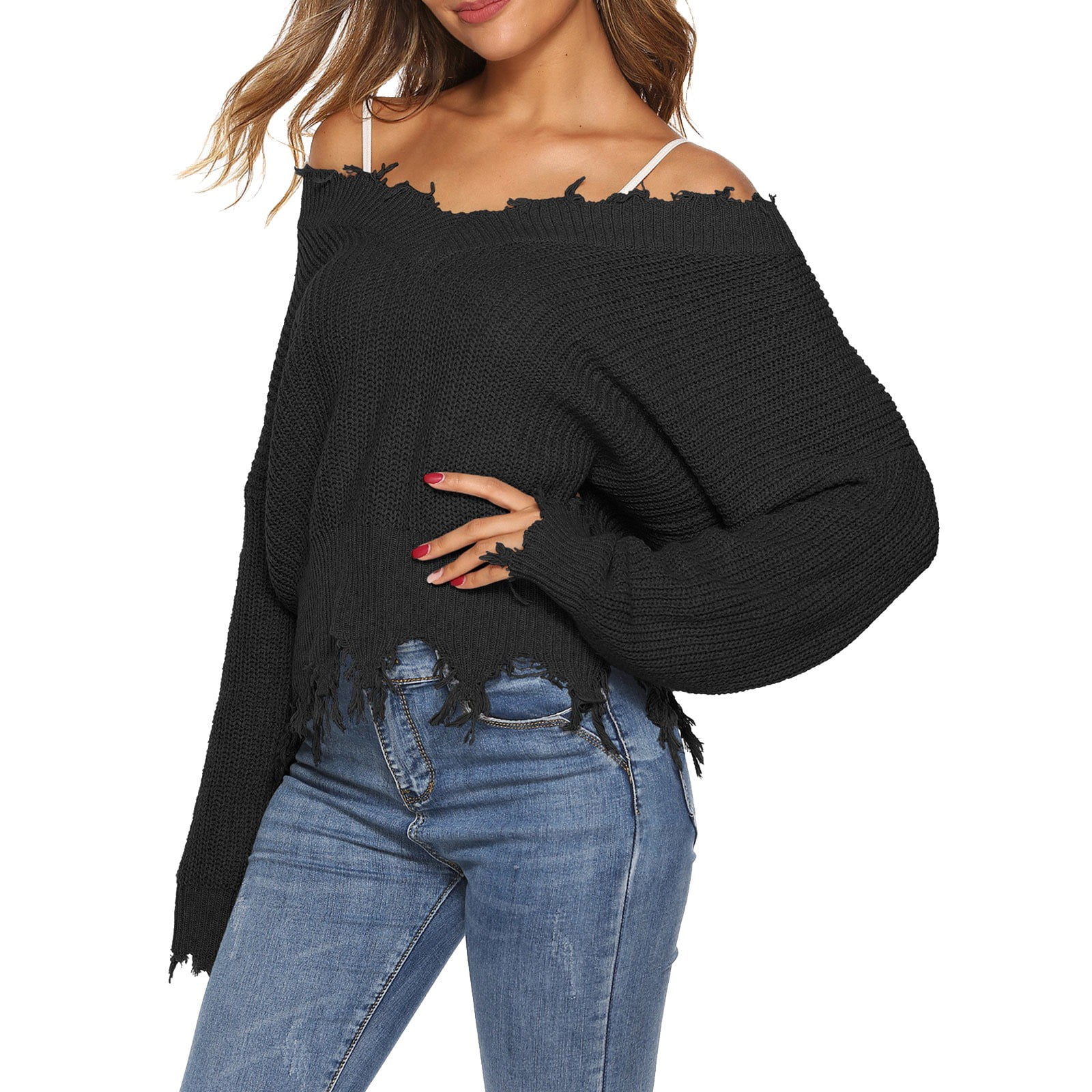 Duoif Sweaters for Women Trendy Deep V Thickened Woven Blouse Irregular ...