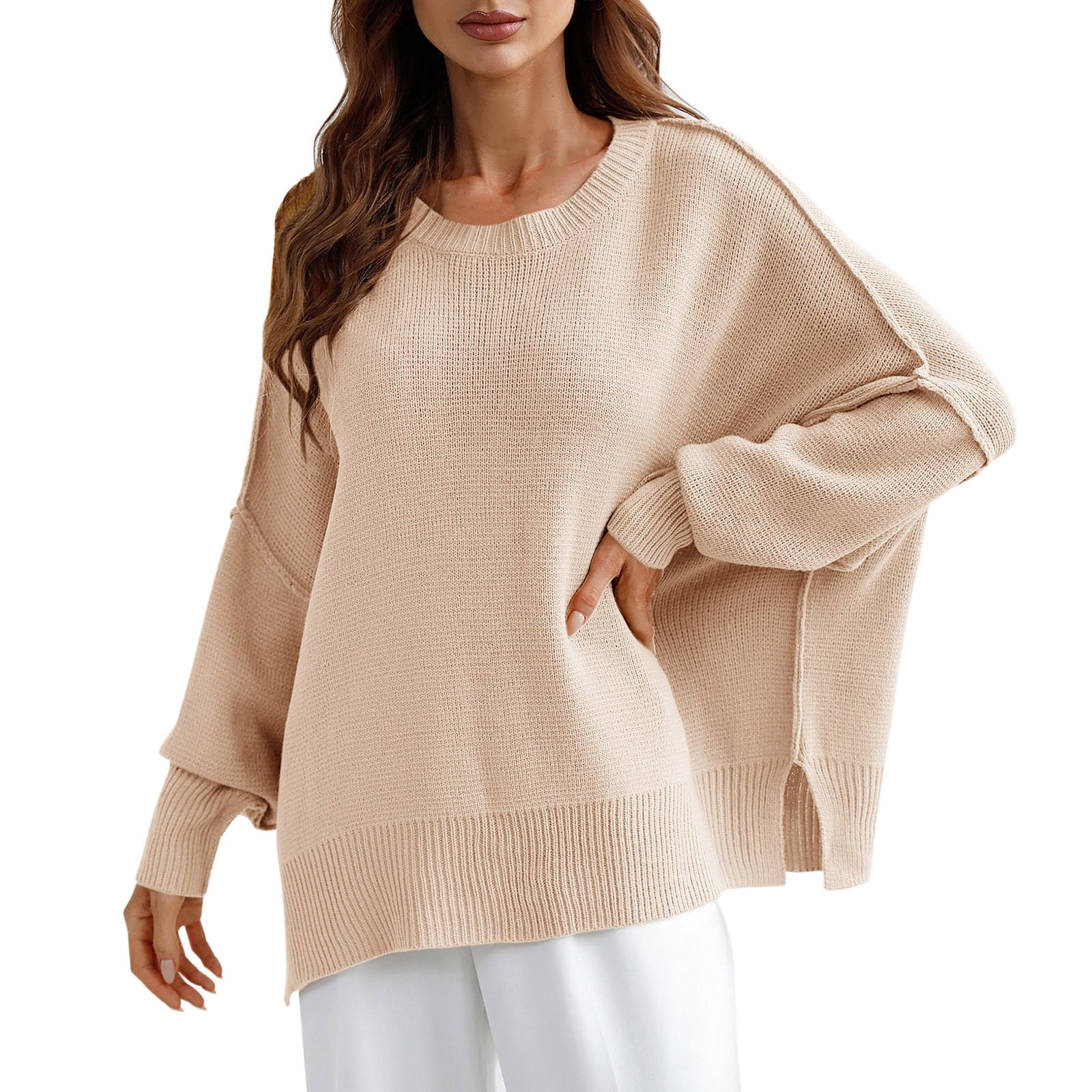 Duoif Sweaters for Women Trendy Women's Long Batwing Sleeve Crewneck ...