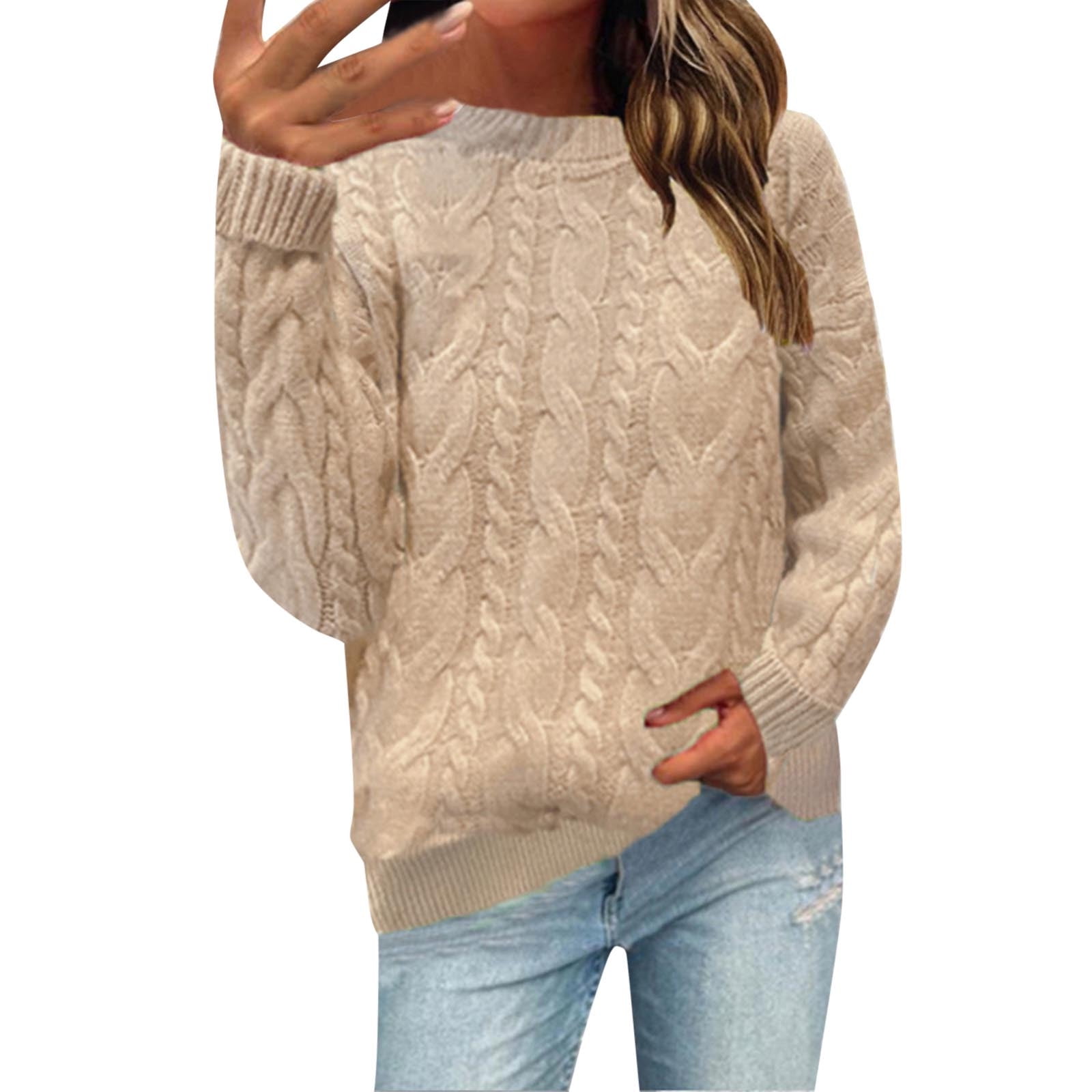 Duoif Sweaters for Women Trendy Women's Sweater Solid Color Round Neck ...