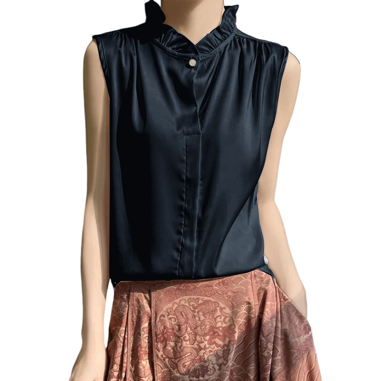 Duoif Vest Tops for Women Black Lace Collar Sleeveless Solid Color Vest ...