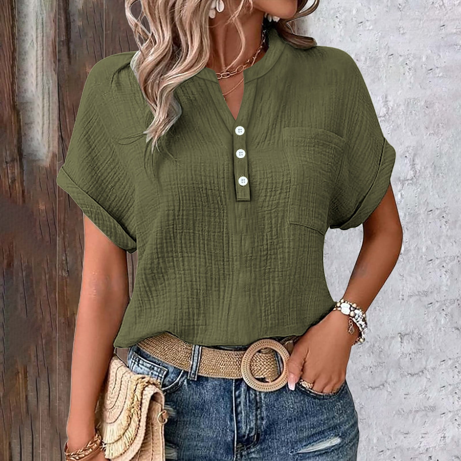 Duoif Women's Casual Batwing Sleeve Pocket Patched Shirt Double Layer ...