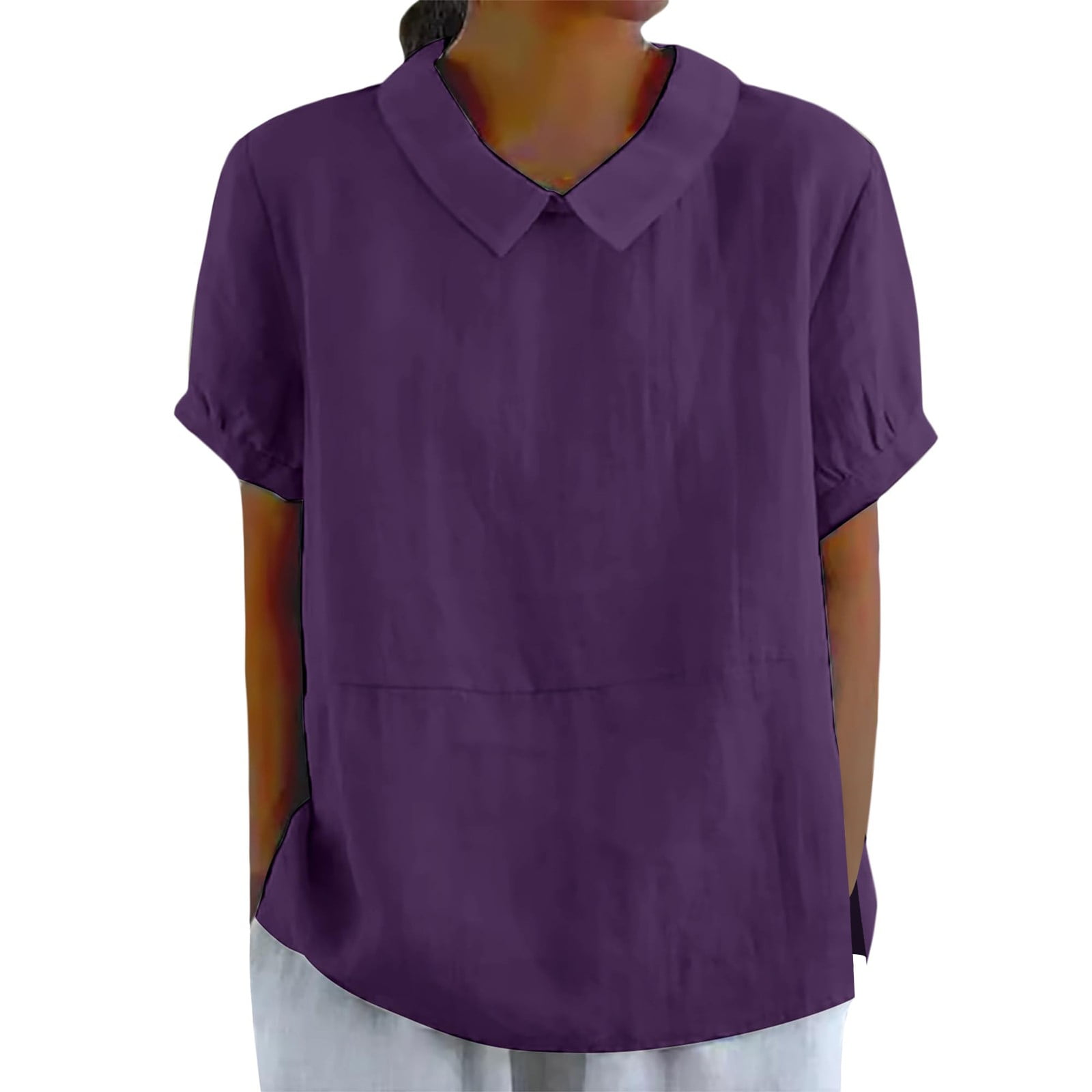 Duoif Women's Stand Collar Button down Short Sleeve Linen Top Loose ...