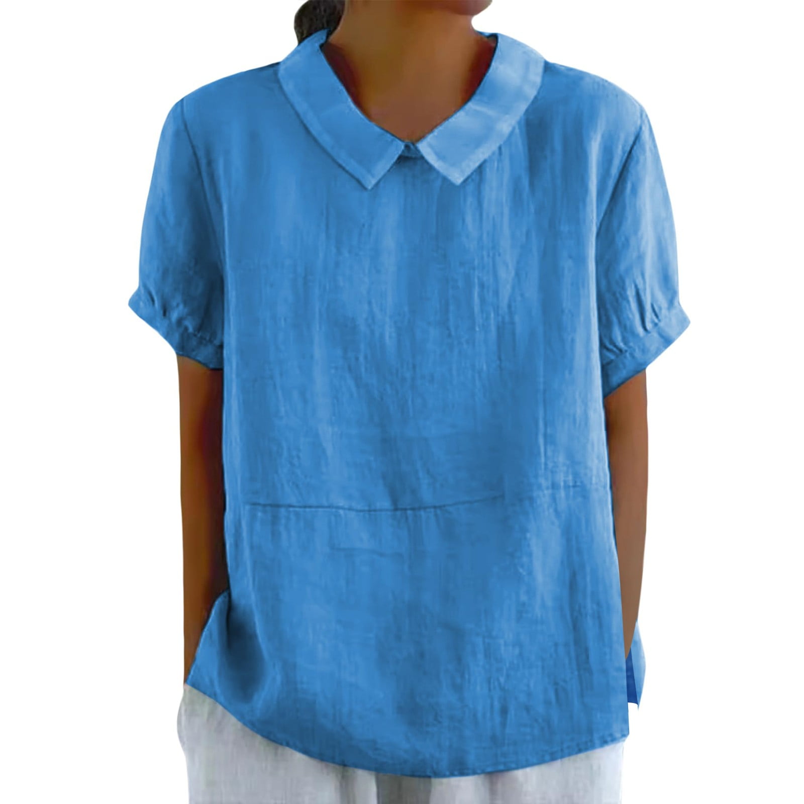 Duoif Women's Stand Collar Button down Short Sleeve Linen Top Loose ...