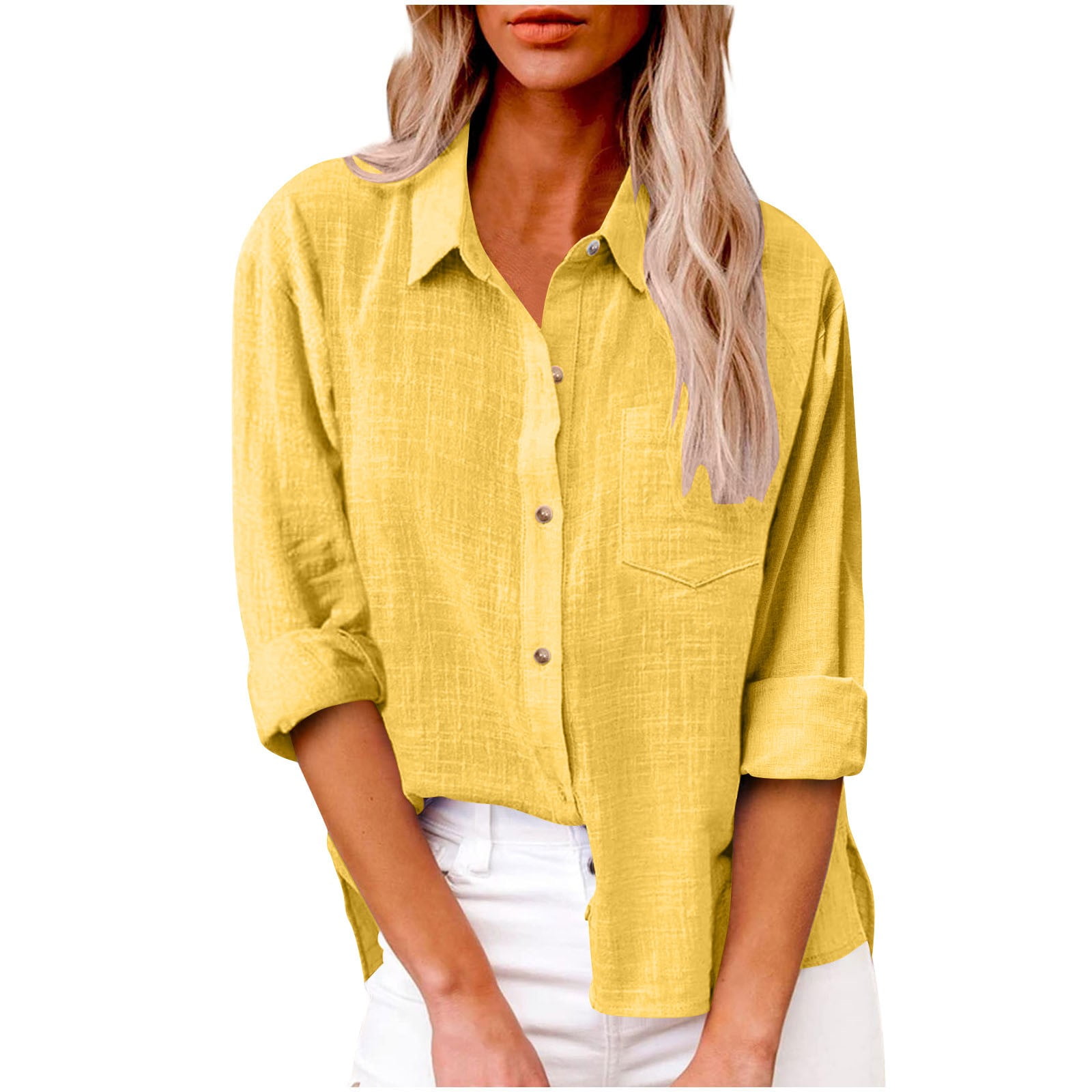 Duoif Women's Summer Solid Color Cotton Linen Shirt with Pockets And ...