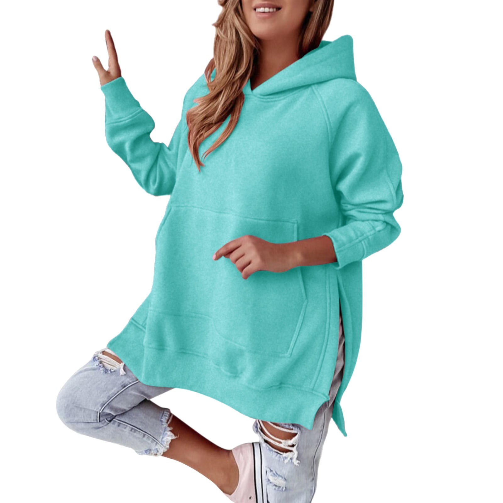 Duoif Womens Sweatshirt Women's 2025 Winter New Casual Fashion Loose Solid Split Hoodies for ...