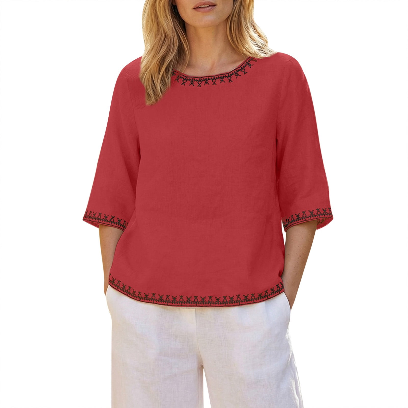 Duoif Womens Tops Embroidered Linen Blouse for Women Loose Fit 3/4 ...