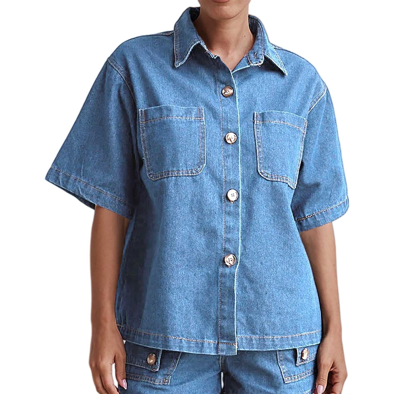 Duoif Womens Tops Womens Crop Denim Shirt Short Sleeve Button down ...