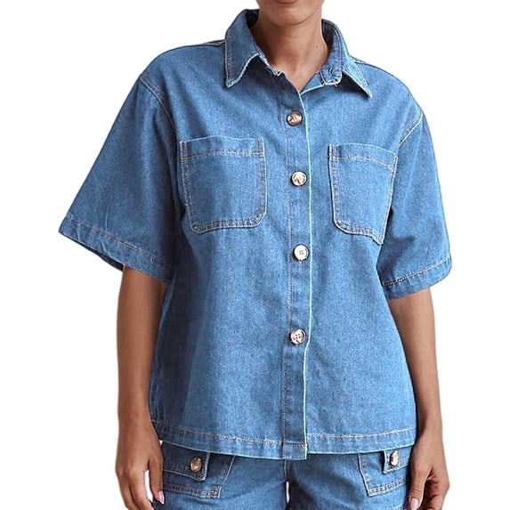 Duoif Womens Tops Womens Crop Denim Shirt Short Sleeve Button down ...