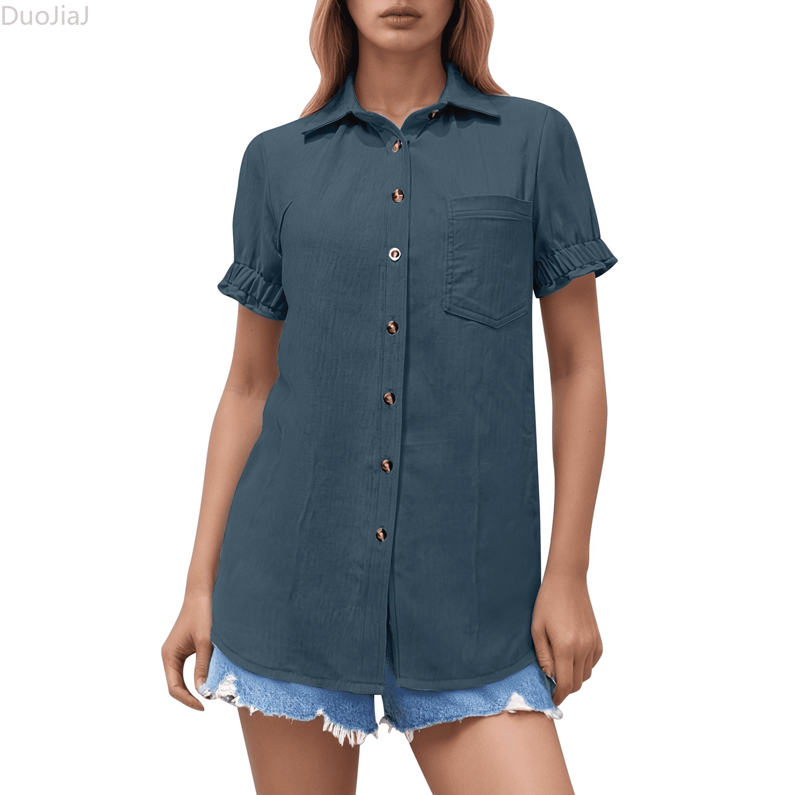 Duojiaj Button Up Shirt With Collar For Spring/Summer Women's Casual ...