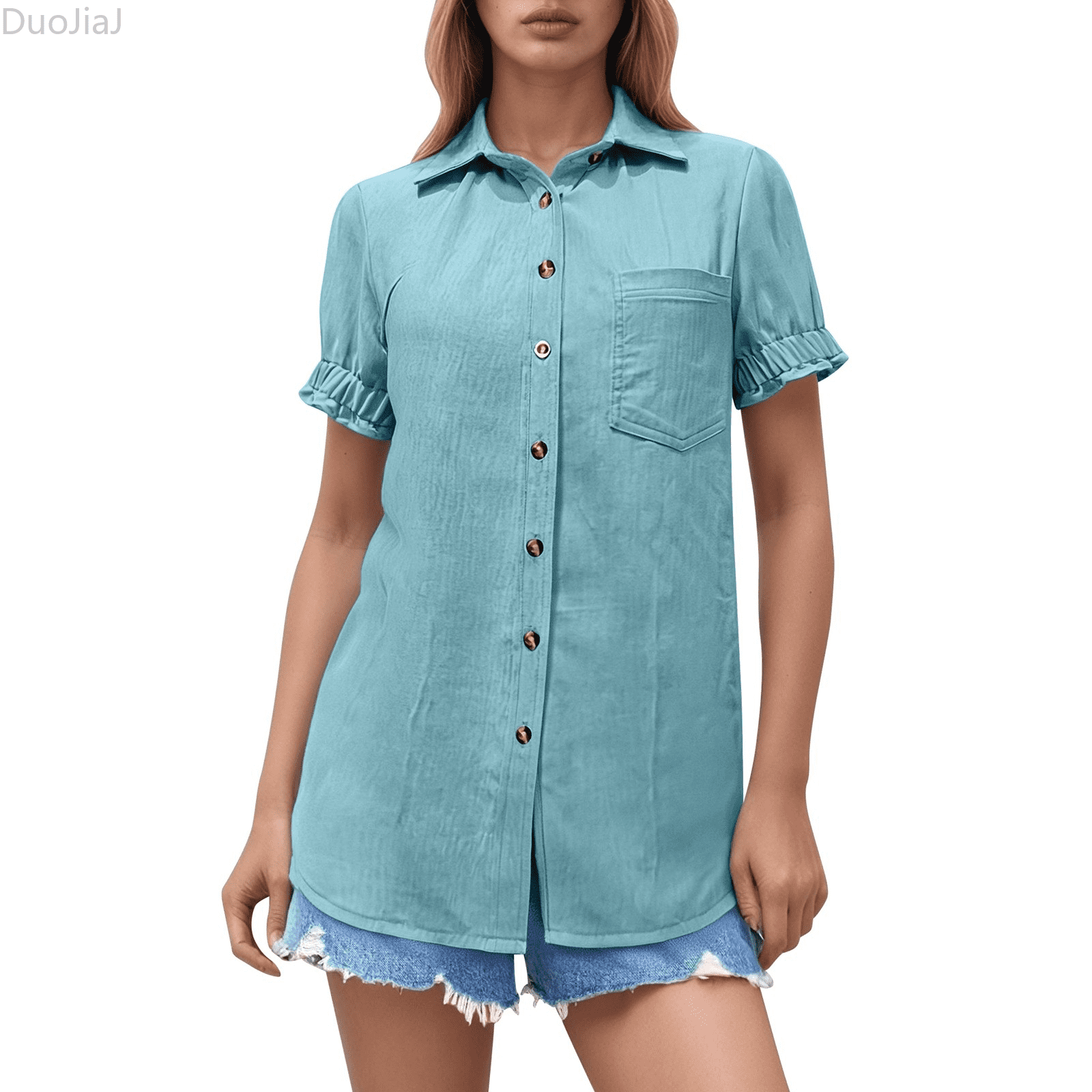Duojiaj Button Up Shirt With Collar For Spring/Summer Women's Casual ...