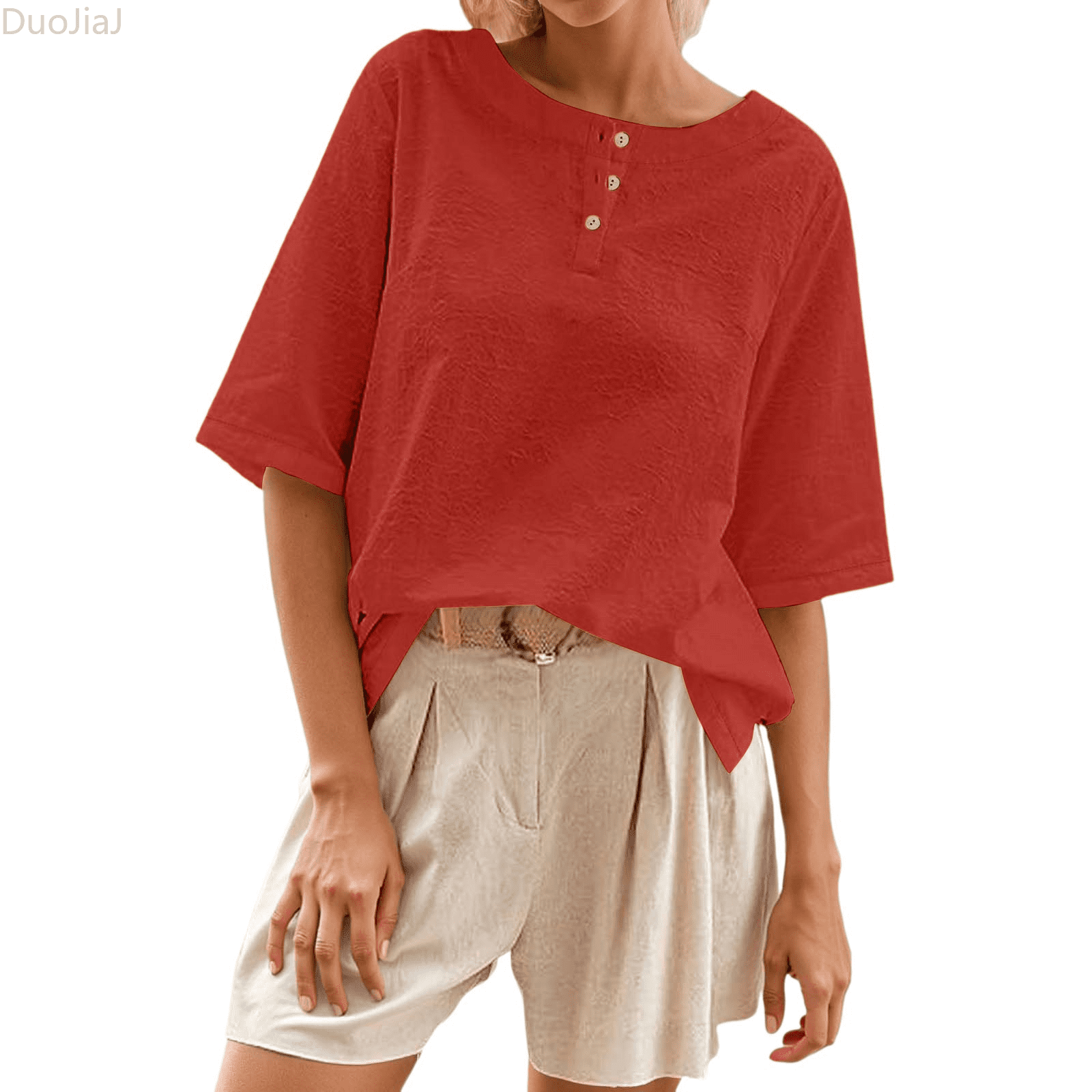 Duojiaj Casual Women's T Shirts Classic Round Neck With Button Detail ...