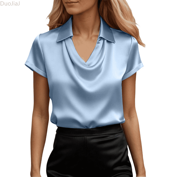 Duojiaj Elegant Casual Short Sleeve Blouse With Draped Cowl Neck Design ...