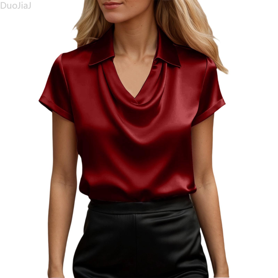 Duojiaj Elegant Casual Short Sleeve Blouse With Draped Cowl Neck Design ...
