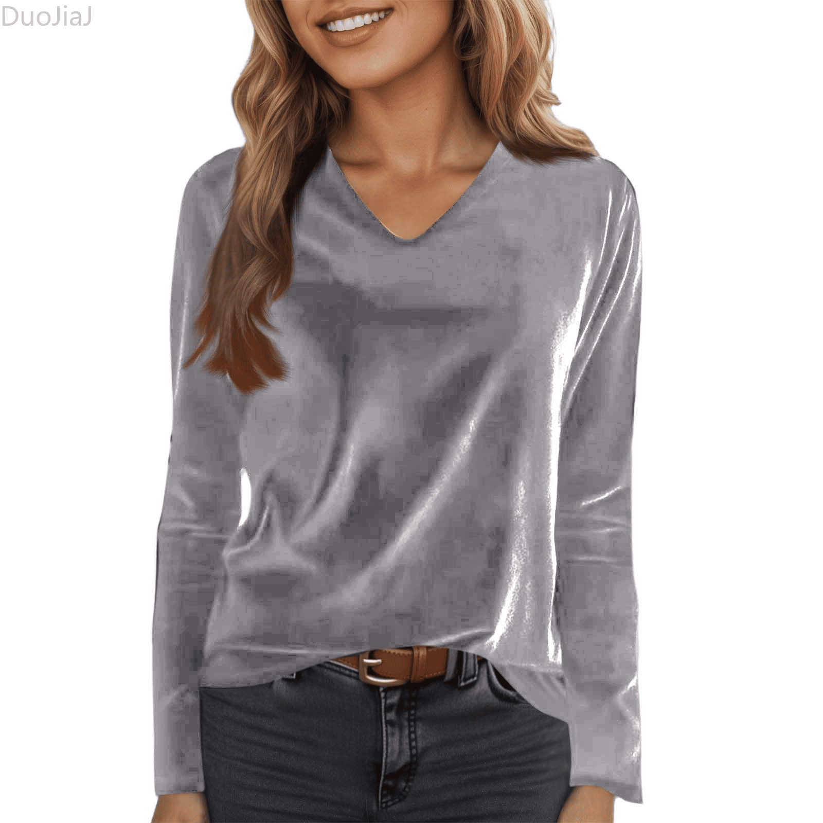 Duojiaj Female Velvet Solid V Neck Long Sleeved Base Pullover Party ...