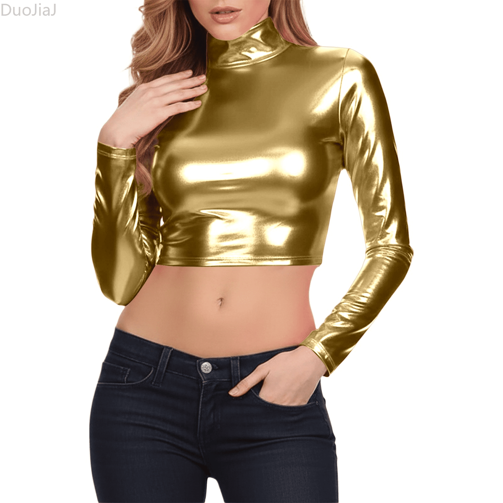 Duojiaj Glossy Hollow Out Tight Fit Performance Top With Gold Print ...
