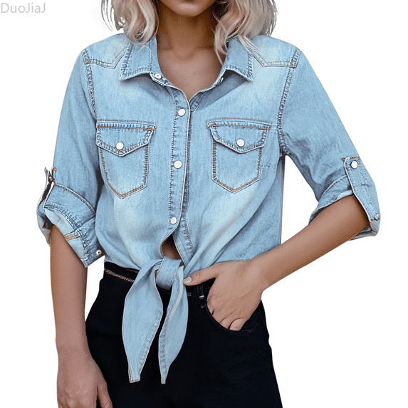 Duojiaj Knotted Tie Front Denim Shirt With Cap Sleeves And Detachable ...