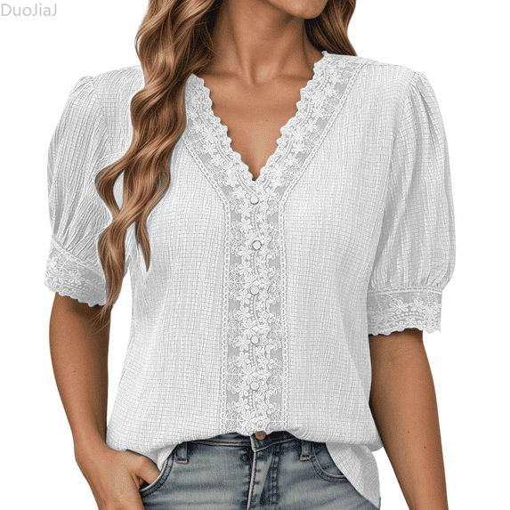 Duojiaj Lace Trim V Neck Puff Sleeve Button Down Blouses Dressy Summer ...