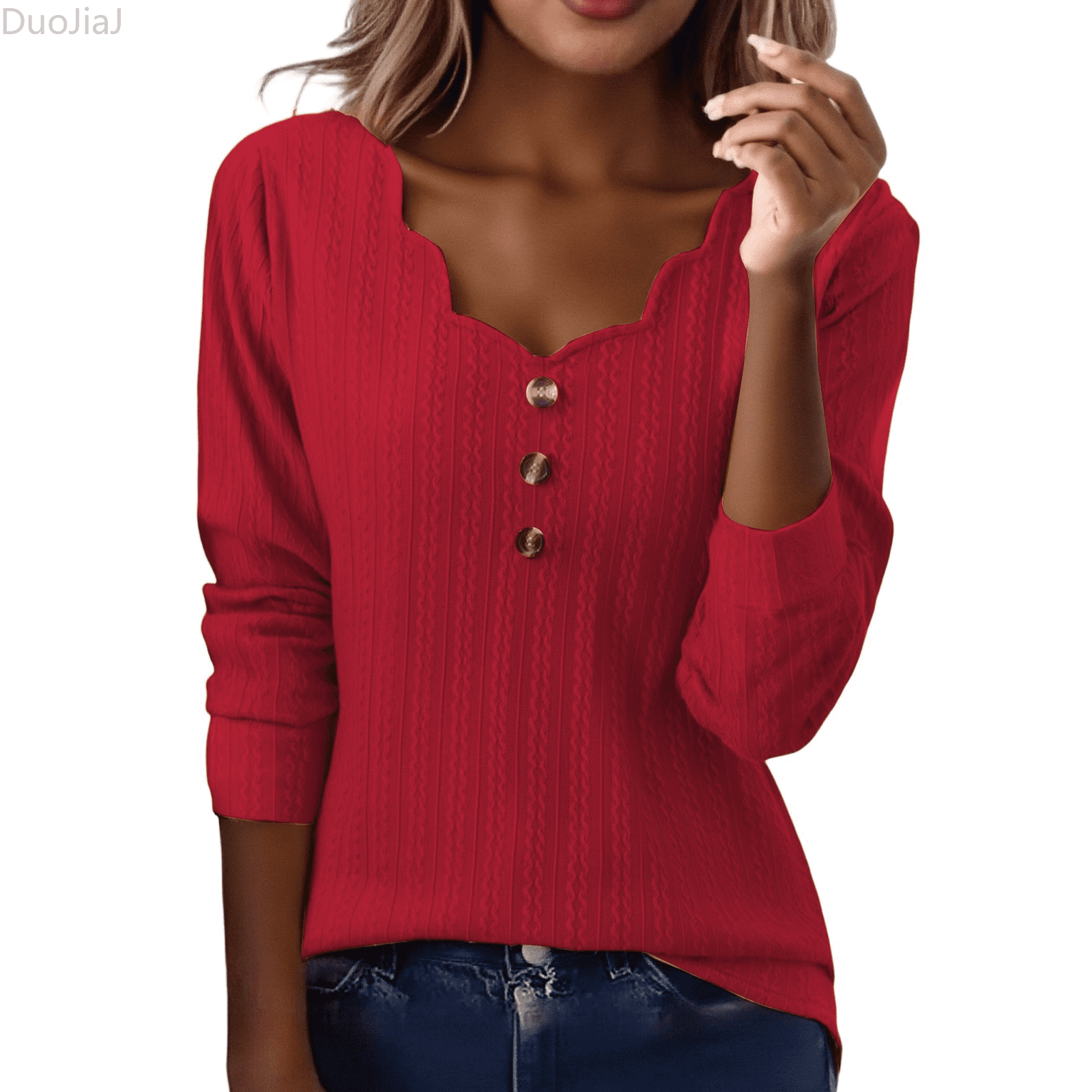 Duojiaj Long Sleeve Blouse With Scallop Trim And Front Button Closure ...