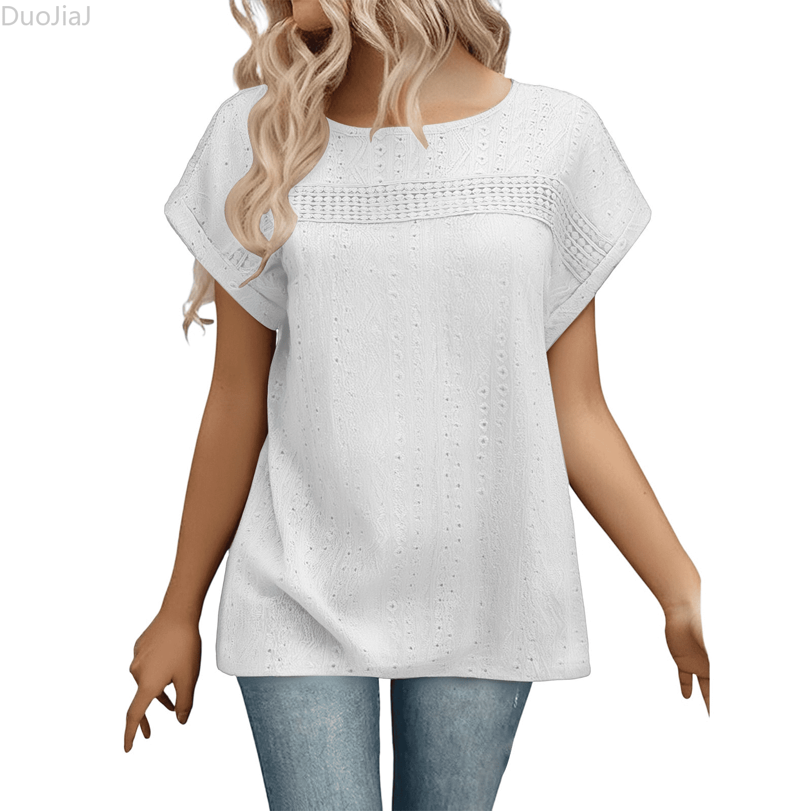 Duojiaj Women's Casual Loose Fit Round Neck Short Sleeve T Shirt Floral ...