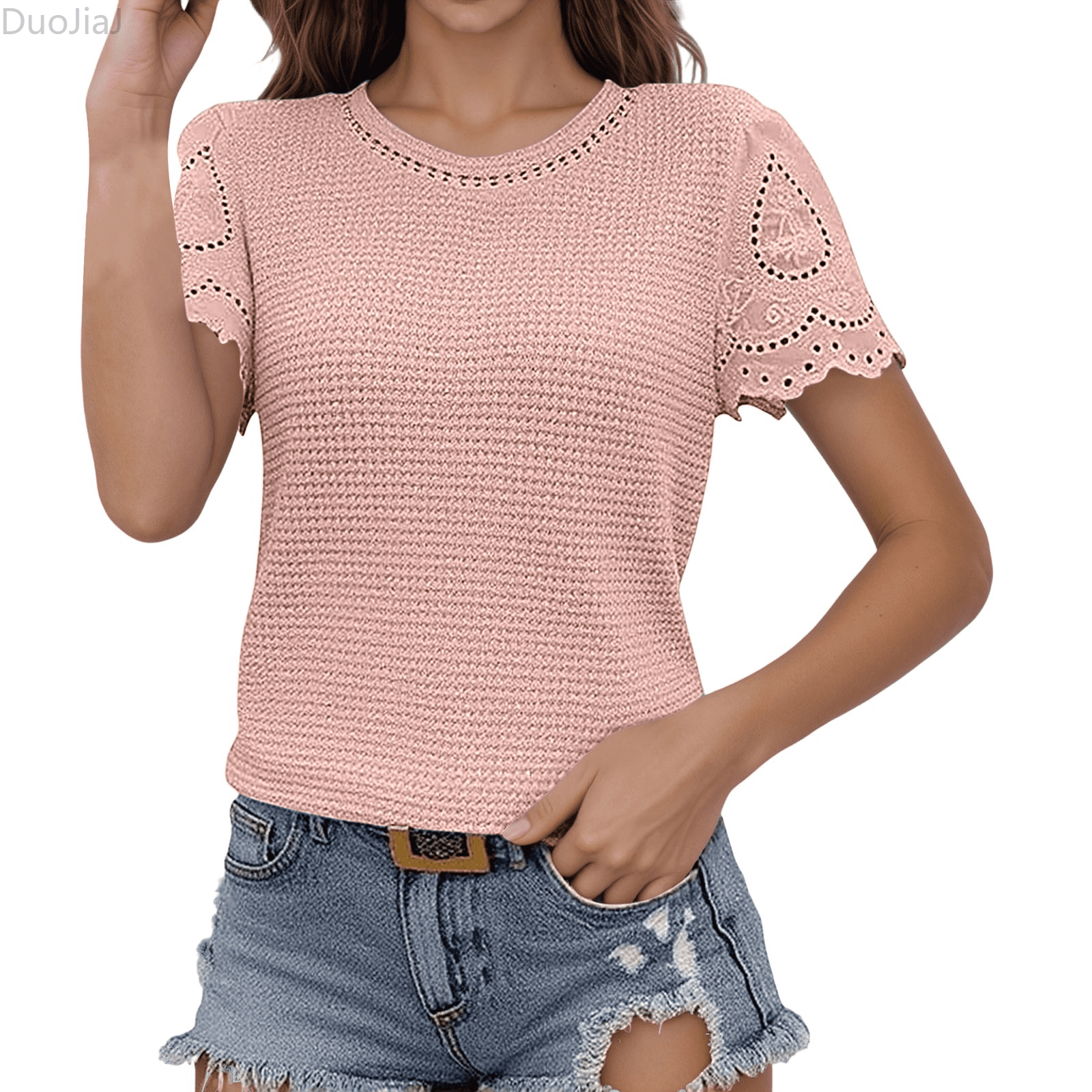 Duojiaj Women's Round Neck Lace Trimmed Style Solid Short Sleeve T ...