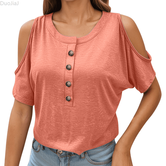 Duojiaj Women's Solid Color Shoulder Fashion Short Sleeve T Shirt Women ...