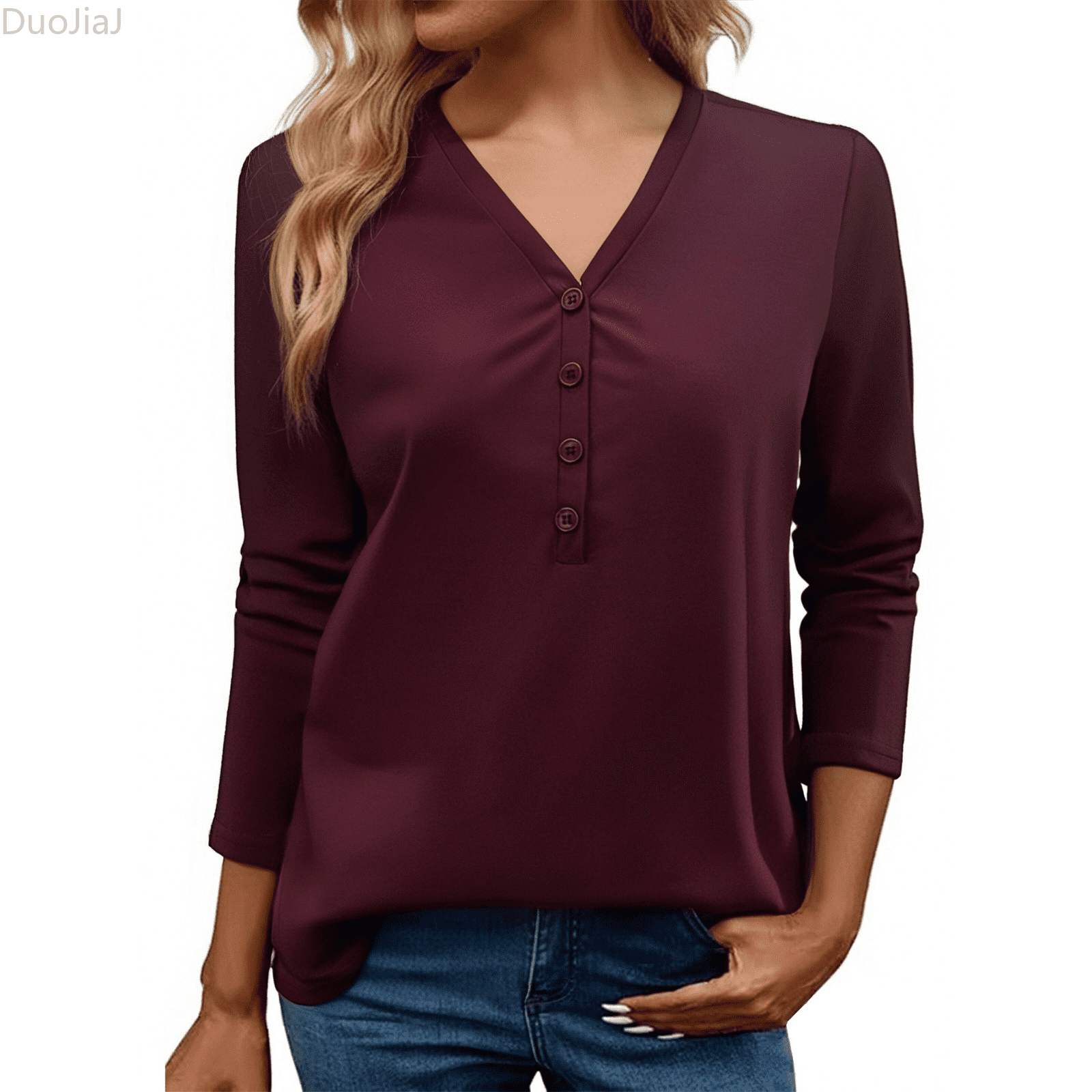Duojiaj Women's V Neck Long Sleeve T Shirt Casual Vacation Blouse ...