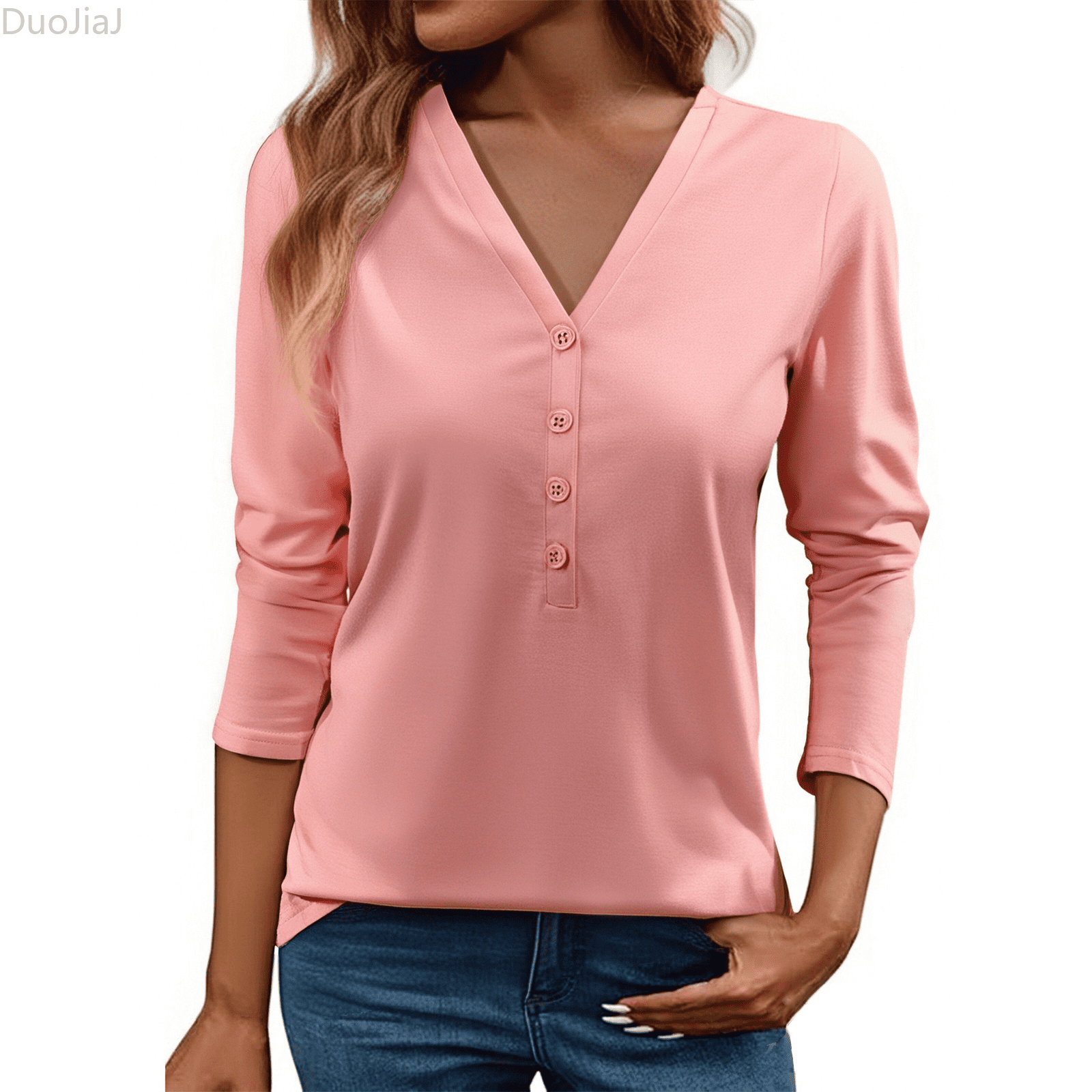 Duojiaj Women's V Neck Long Sleeve T Shirt Casual Vacation Blouse ...