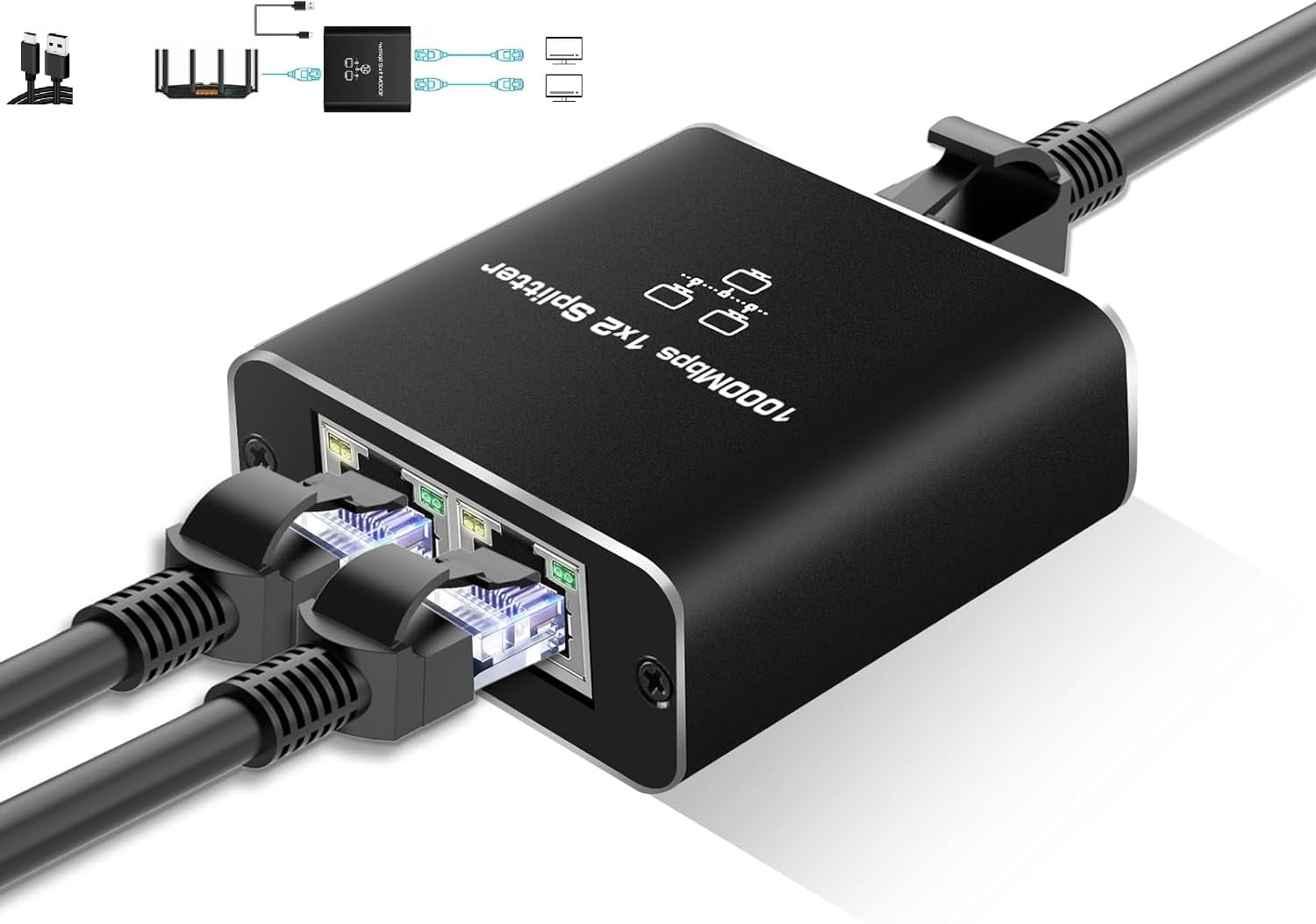 Duomigo Ethernet Splitter 1 to 2, 1000Mbps RJ45 Network Splitter with ...