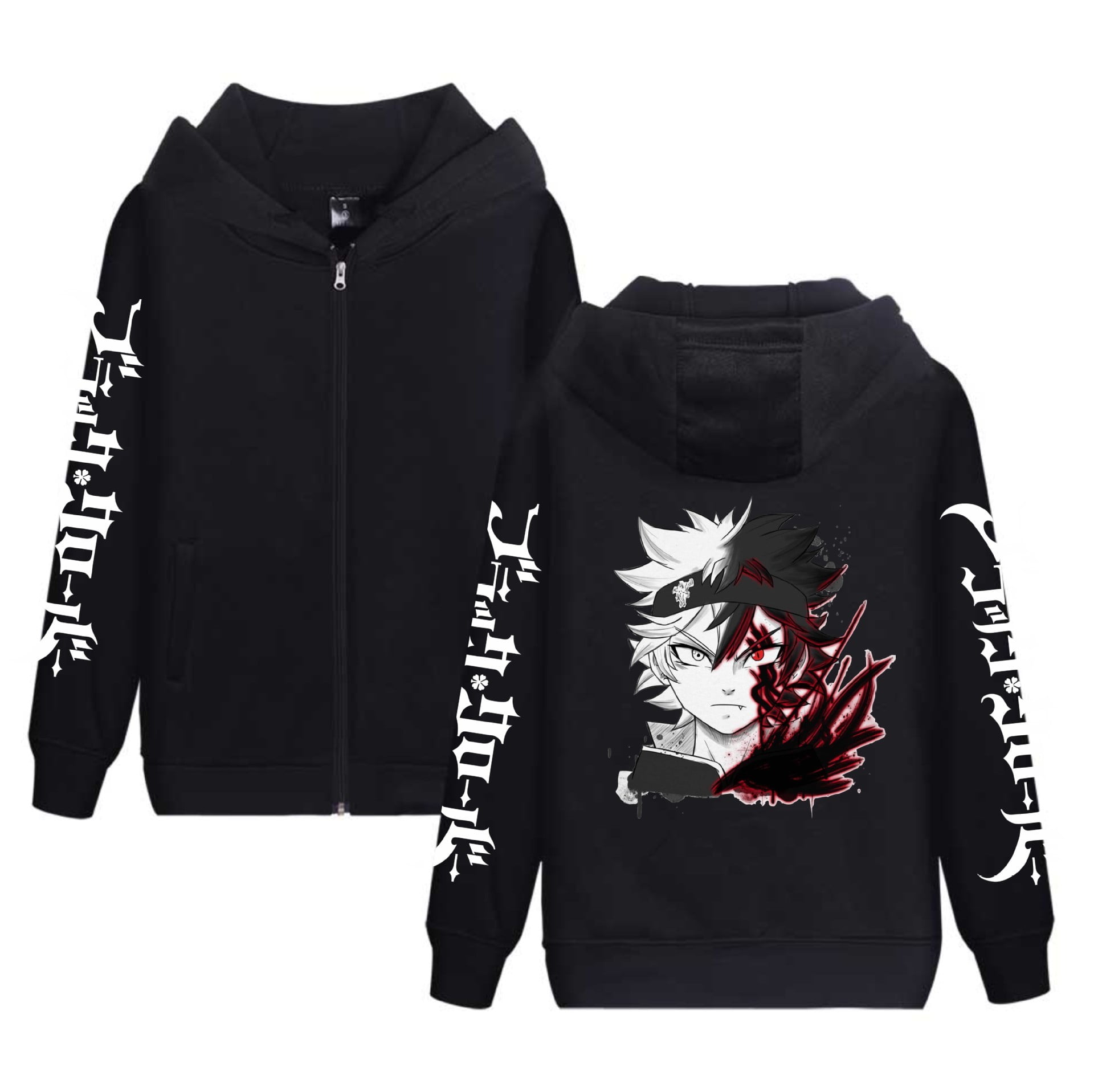 Duoxingbao Black Clover Print Black Hooded Zip-Up Sweatshirt Japanese ...