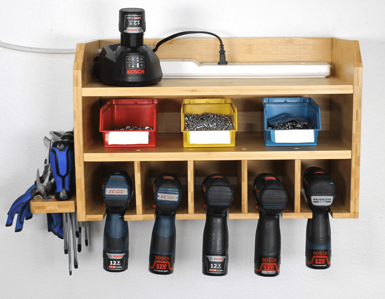 DupliM Bamboo Wall-Mounted Power Tool Organizer, Power Drill Holder and ...