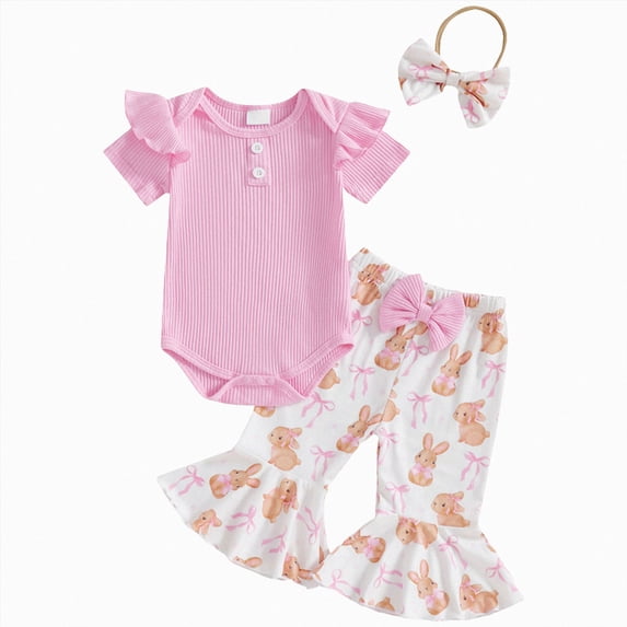 Duqingm Baby Girl Outfit Short Sleeve Letter Rabbit Print Romper Flare ...