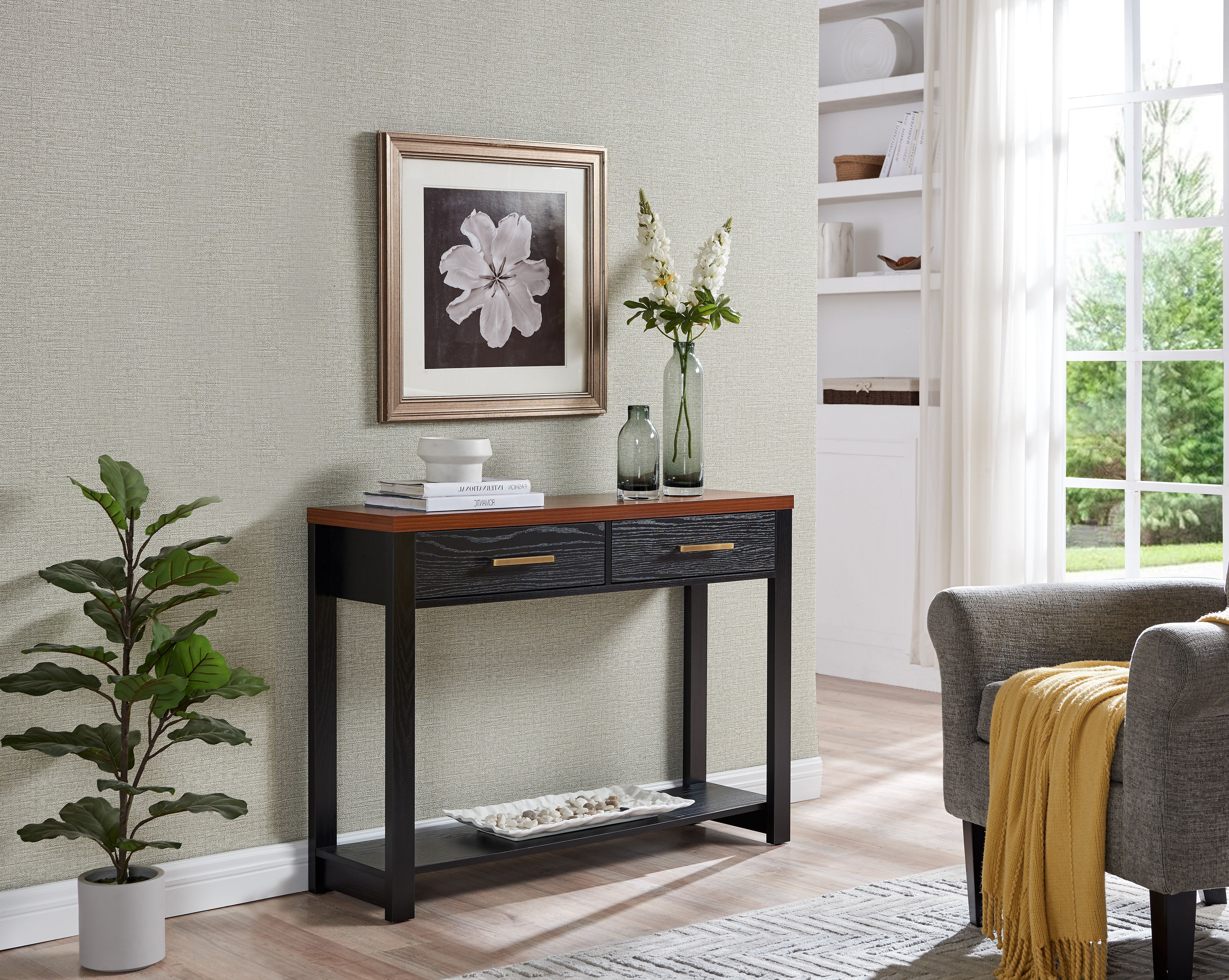 Duquette Console Sofa Table With 2 Storage Drawers & Open Shelf, Black ...