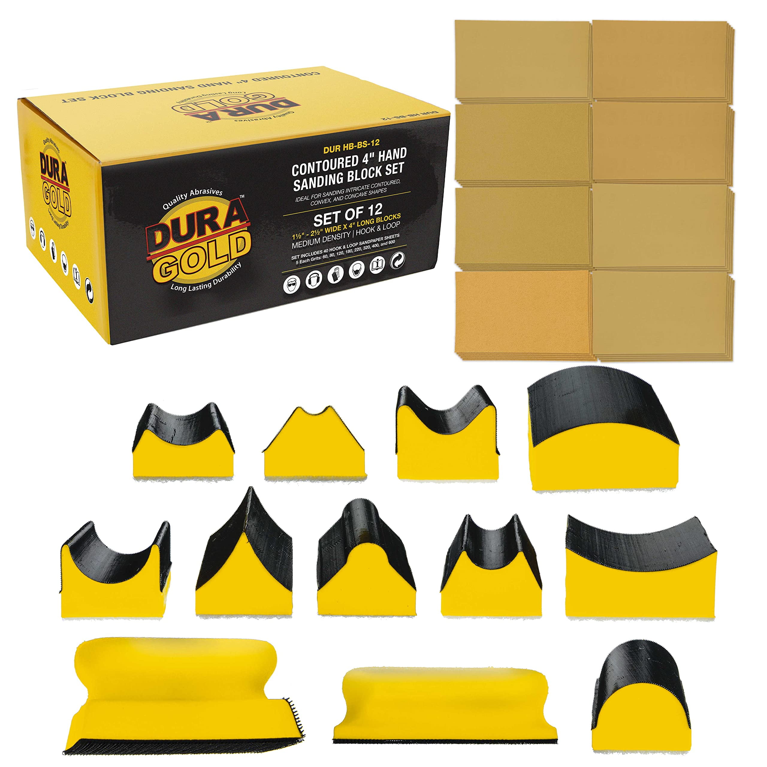 Dura-Gold 12-Piece Contoured Profile 4" Hand Sanding Block with 40 ...