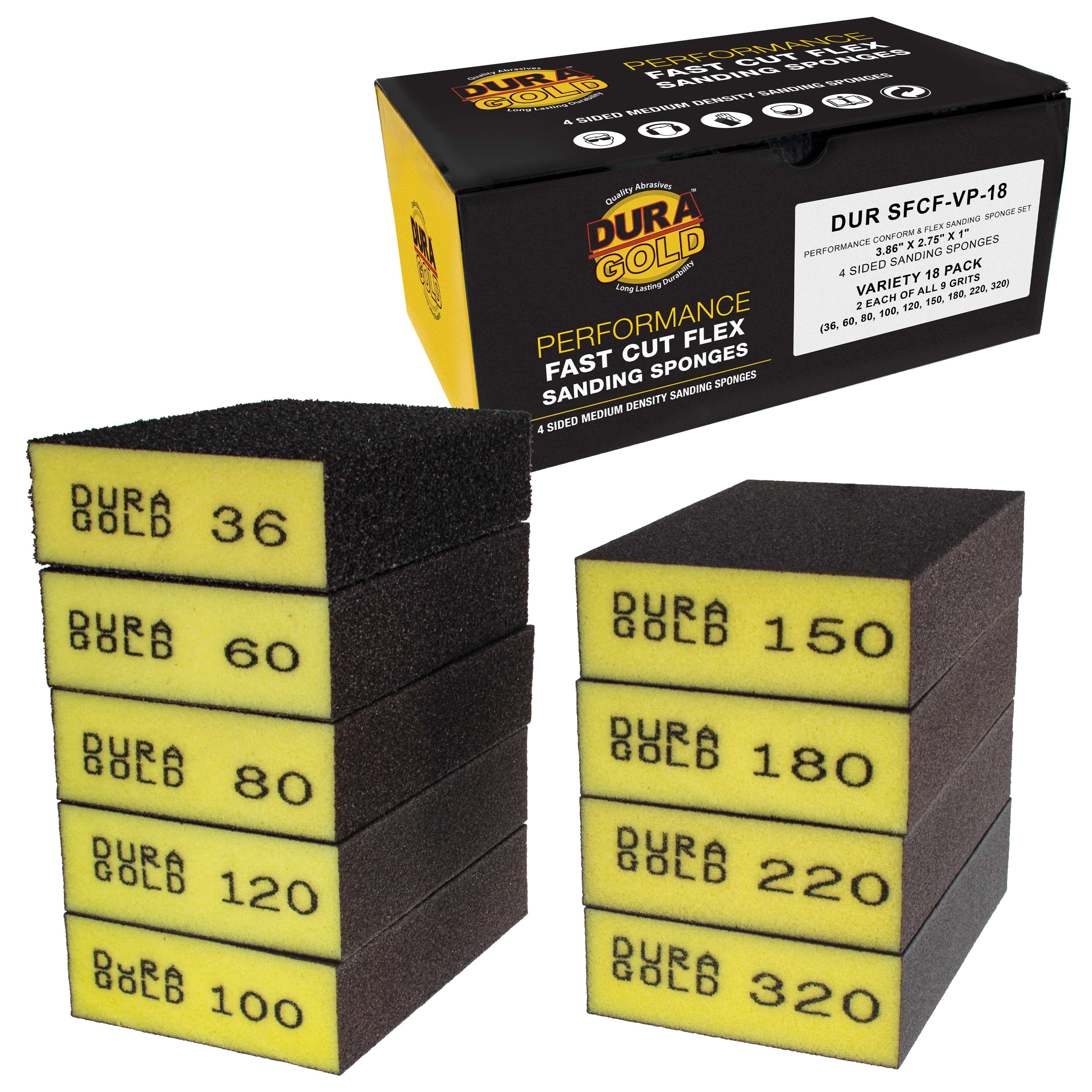 Dura-Gold 4-Sided Hand Sanding Block Sponge Variety Pack, Box of 18 ...