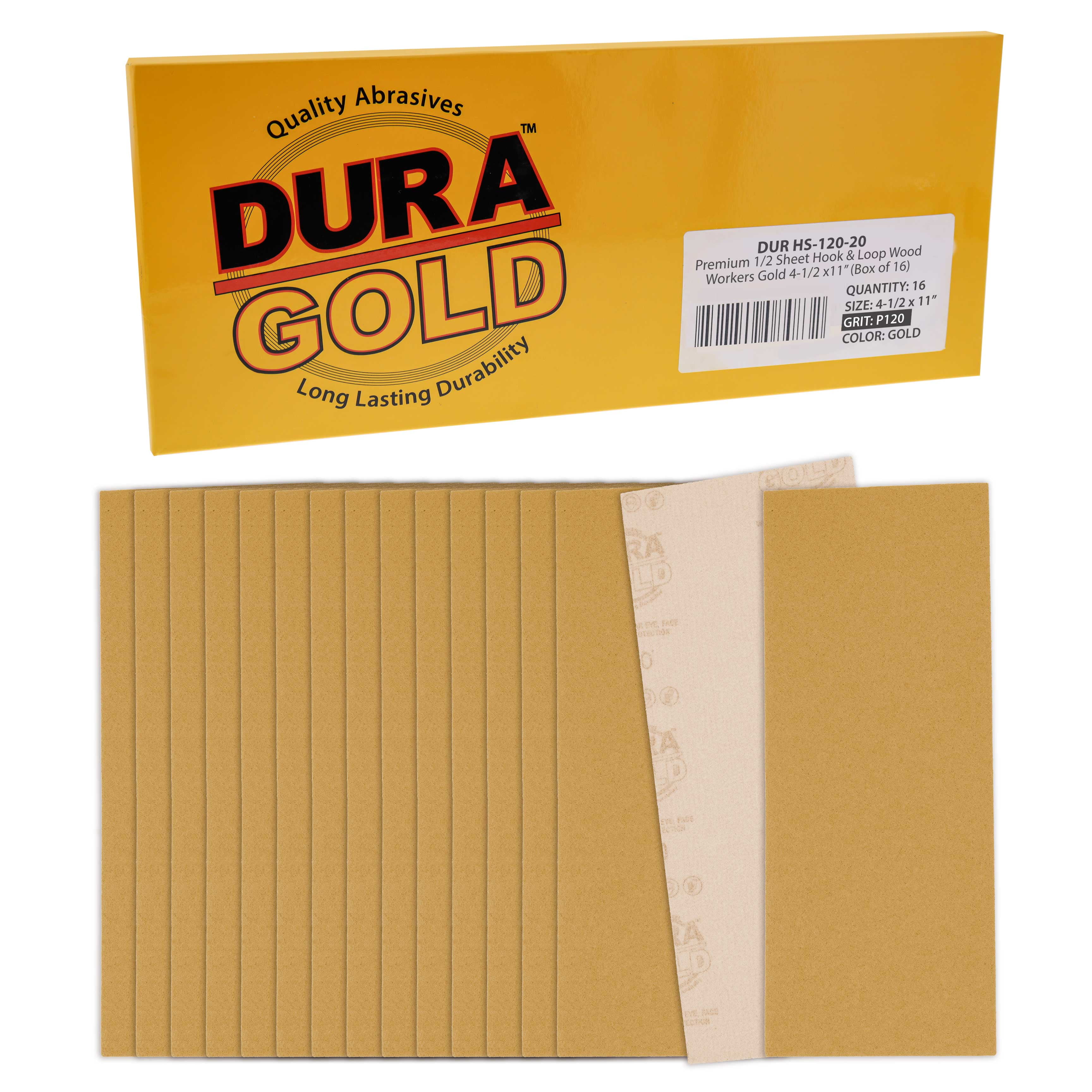Dura-Gold Premium 1/2 Sheet Gold Sandpaper Sheets, 120 Grit (Box of 16 ...